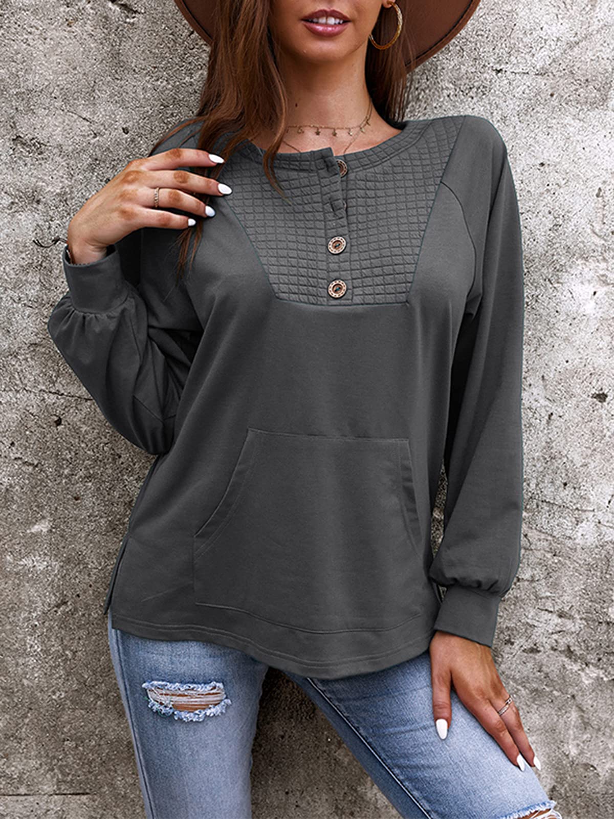 LANREMON Womens Button Up Tunic Tops Long Sleeve Sweatshirts Casual Crewneck Pullover with Pockets Dark Gray L