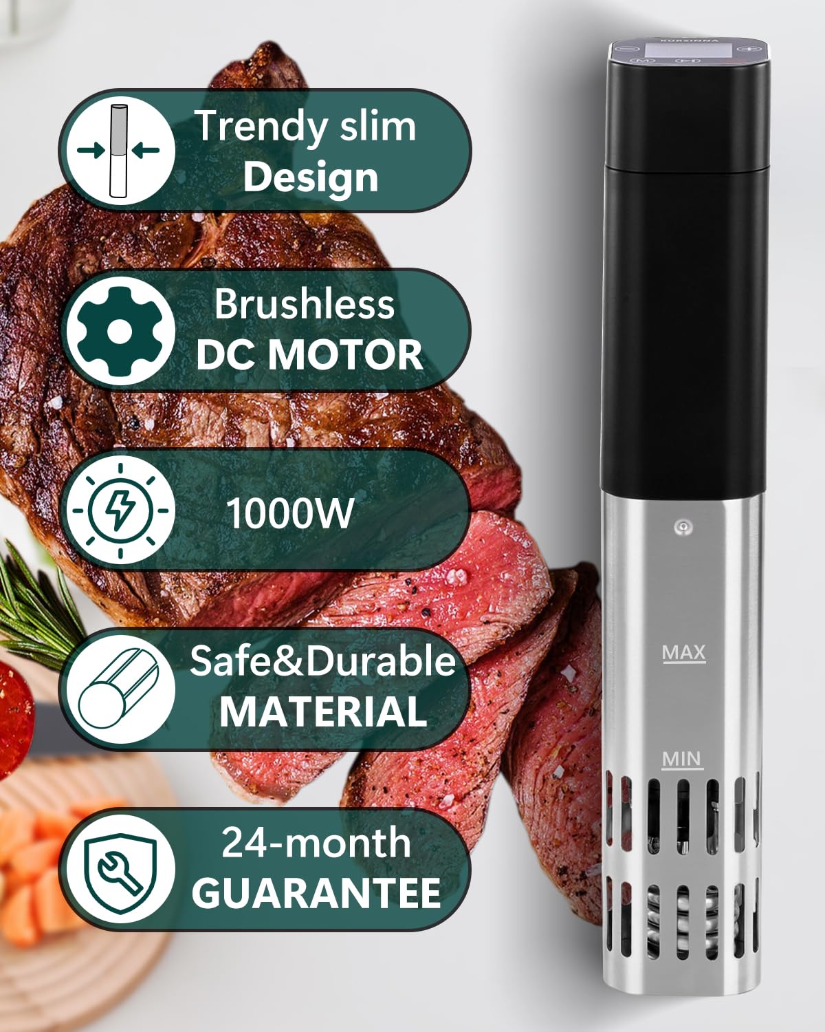 KURSINNA Sous Vide Machine, 1000W Sous Vide Cooker, 15dB Ultra-Quiet Immersion Circulator With Accurate Temperature Digital Timer, IPX7 Waterproof Precision Cooker
