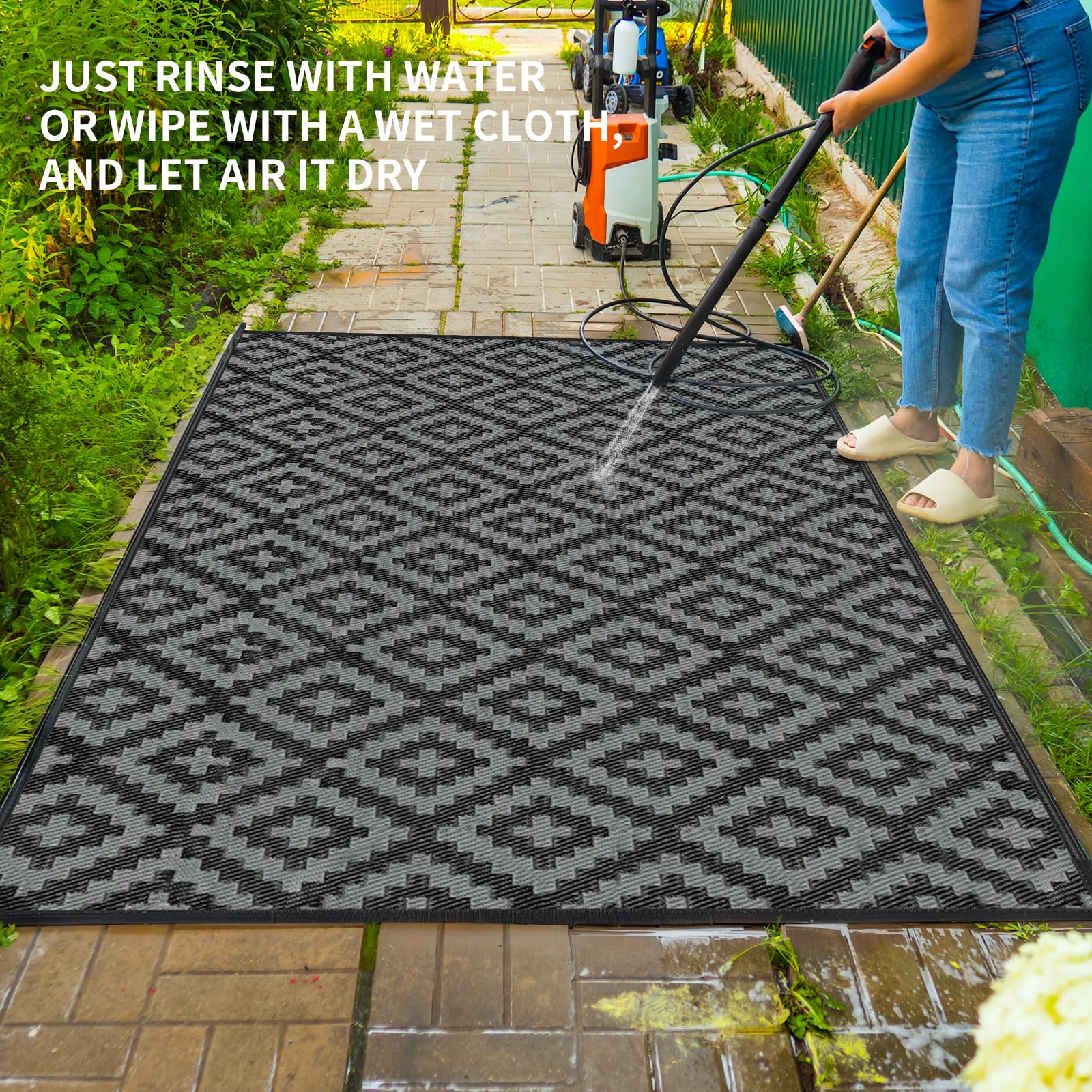 Kalafun Outdoor Patio Rug, Waterproof Area Rug for Patios, Plastic Straw Carpet, 4x6 ft, Blue Grey