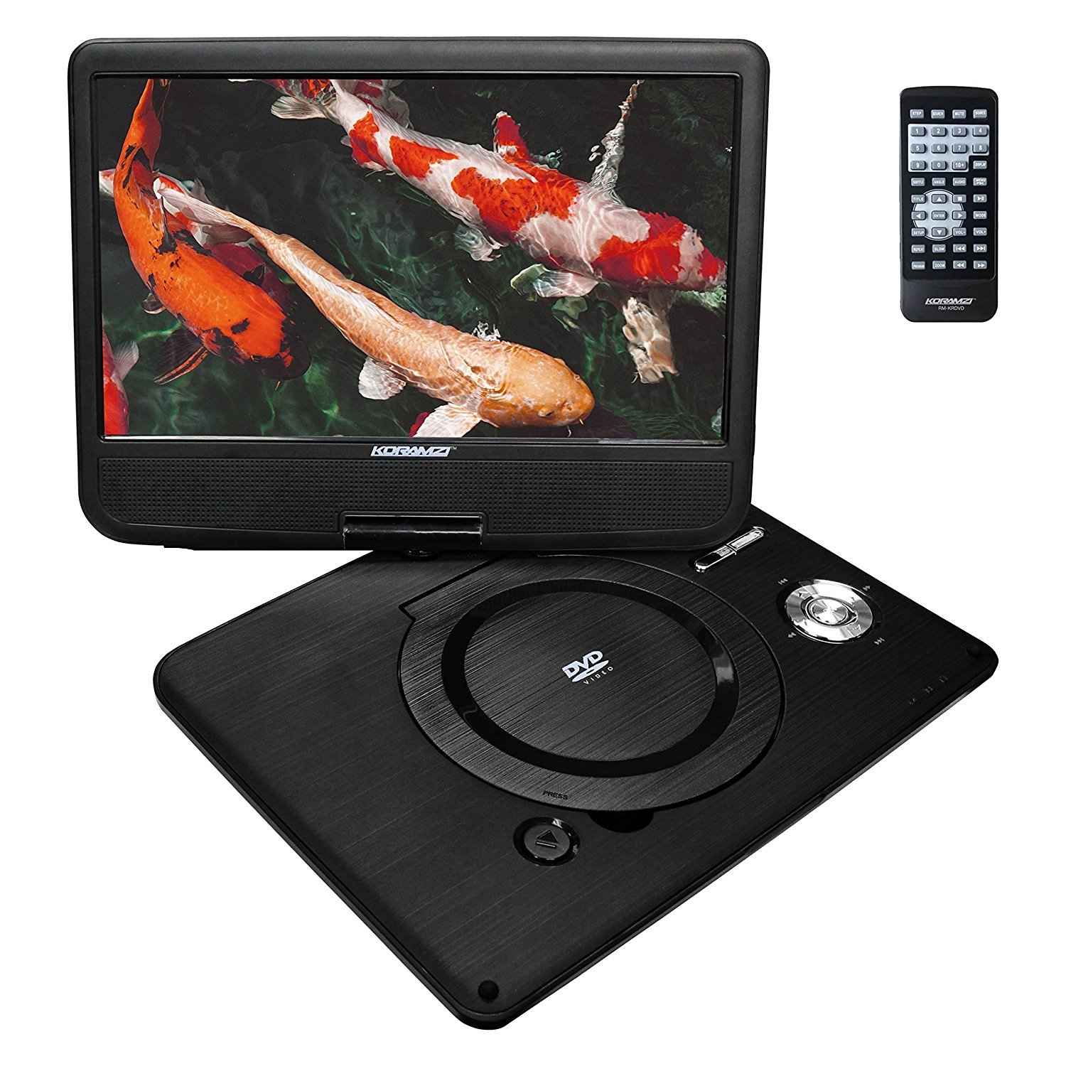 Koramzi Portable Swivel DVD Player with Rechargeable Battery/USB&SD Reader/AV Out/Headphone Jack/Remote Control/AC-DC Power Adaptor/Multi-Region DVD Format- PDVD (Medium, Black)