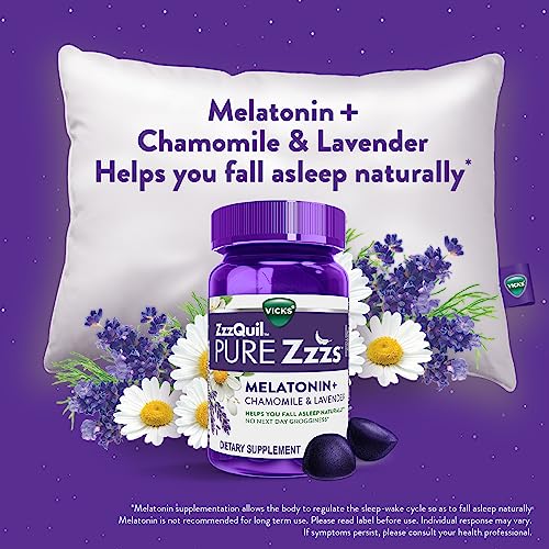 ZzzQuil PURE Zzzs, Melatonin Sleep Aid Gummies with Lavender, Valerian Root and Chamomile, Natural Wildberry Vanilla Flavor, Non-Habit Forming, Drug-Free, 48 Count