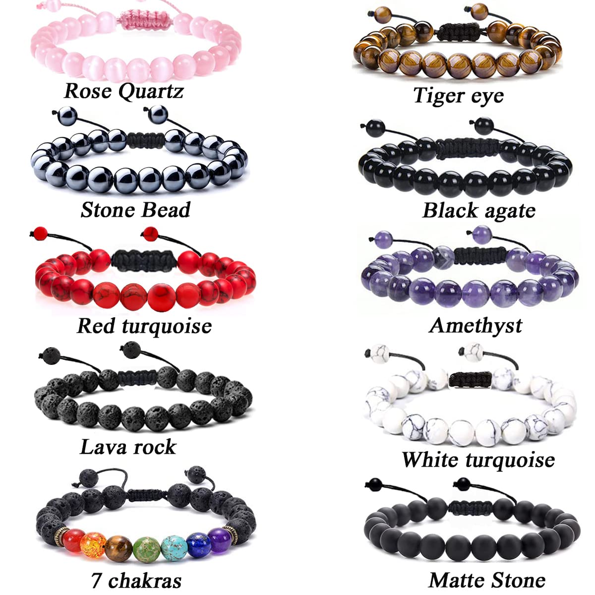 MOZAKA 10 Pcs 8mm Healing Power Gemstone Crystal Beads Bracelet Adjustable Tiger Eye Amethyst Chakra Bracelets Unisex
