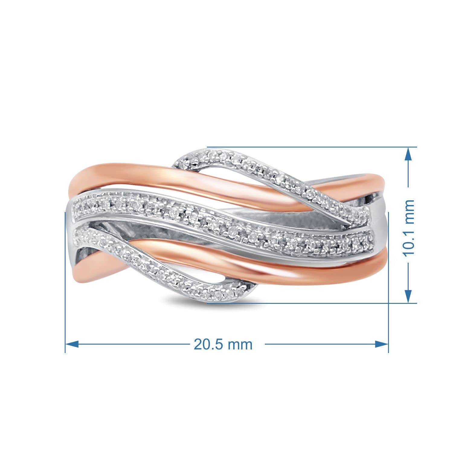 Jewelili 14K Rose Gold over Sterling Silver 1/10 cttw Natural White Diamonds Crossover Fashion Ring Size 6