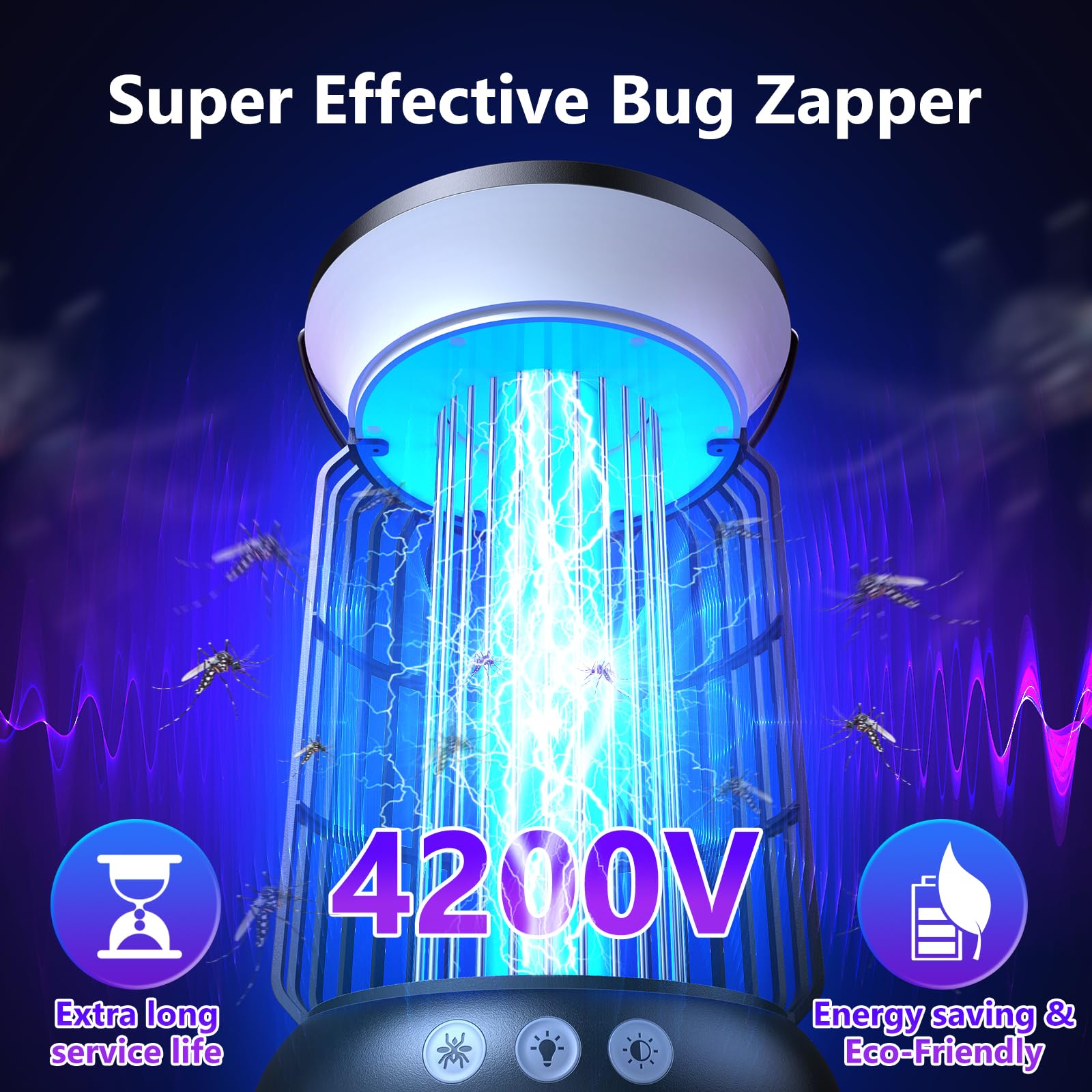 Solar Bug Zapper Outdoor, 4200V Effective Mosquito Zapper, Cordless Bug Zapper Outdoor, 4000mAH Rechargeable Fly Zapper, 4 Modes Insect Zapper for Patio, Porch, Kitchen, Bedroom