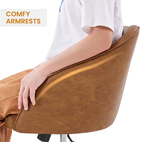 Yaheetech Faux Leather Desk Chair, Makeup Vanity Chair with Adjustable Tilt Angle, Swivel Office Chair Upholstered Armchair Study Chair for Bedroom and Makeup Room Retro Brown