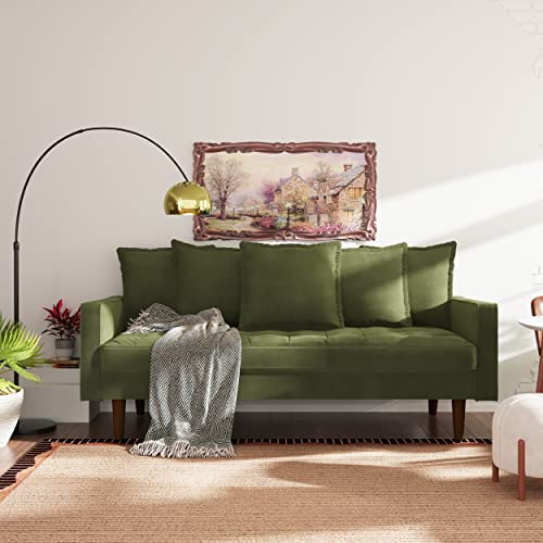 SILKIR 3-Person Sofa Couch for Living Room | Perfect for: Apartment/Studio/Office & Small Space | Velvet Fabric | Fast and Easy Assembly | (Olive Green) Modern Contemporary Mid-Century
