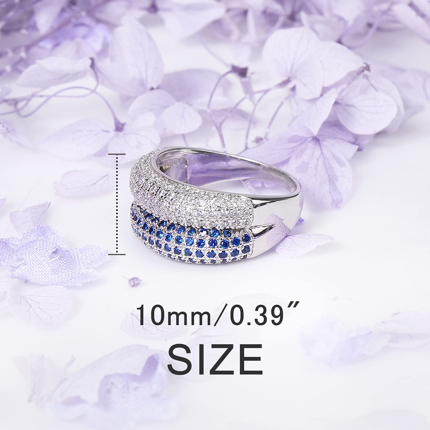 Mozume Two Tone Cubic Zirconia Eternity Rings For Women Double Row Blue Simulated Sapphire Cocktail Ring CZ Band - 14K White Gold Plated (6)