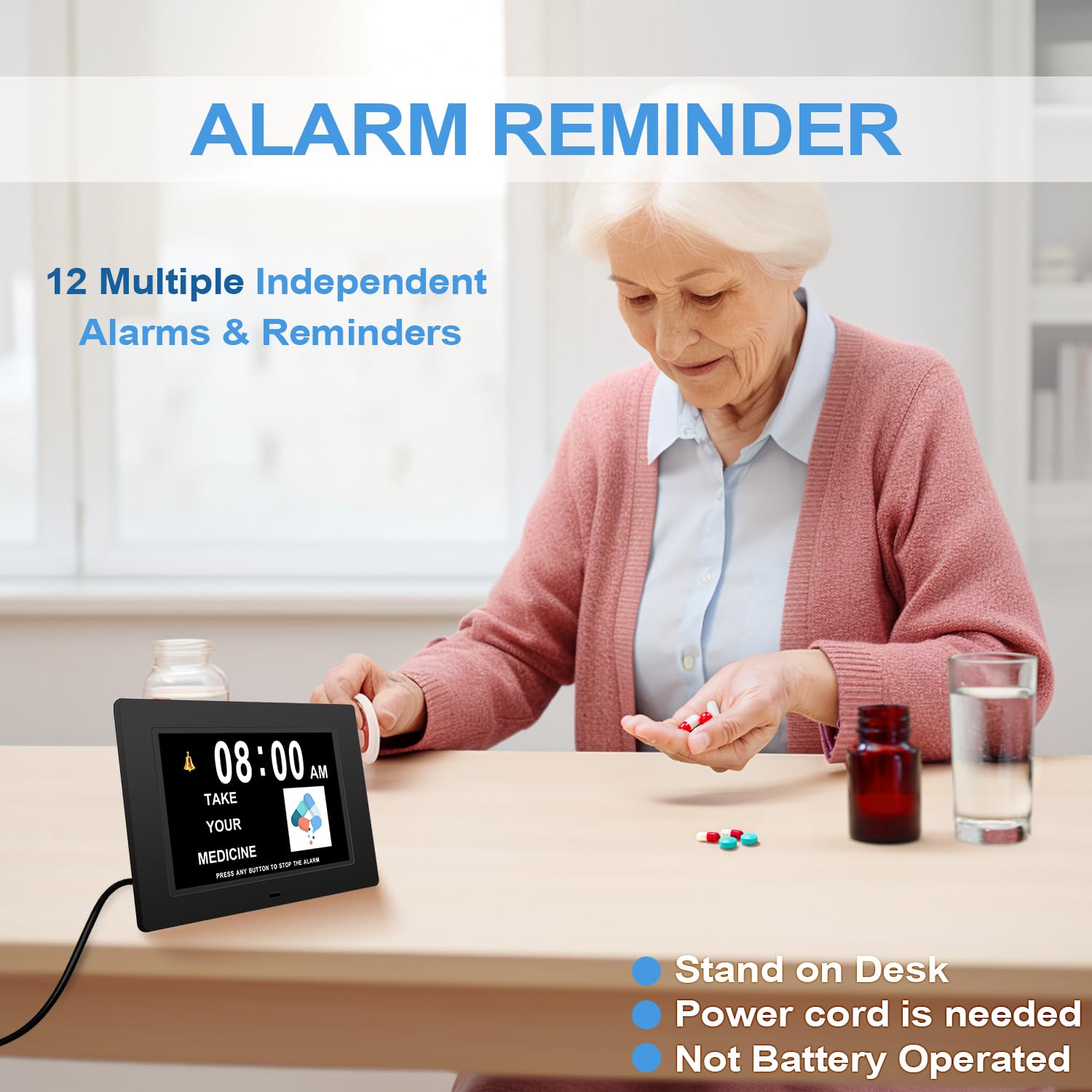 JALL Digital Calendar Dementia Day Clock - with 7" Large Screen Display, am pm, 5 Multiple Alarms, for Aged Seniors, The Elderly, Large Impaired Vision People, for Desk, Wall Mounted