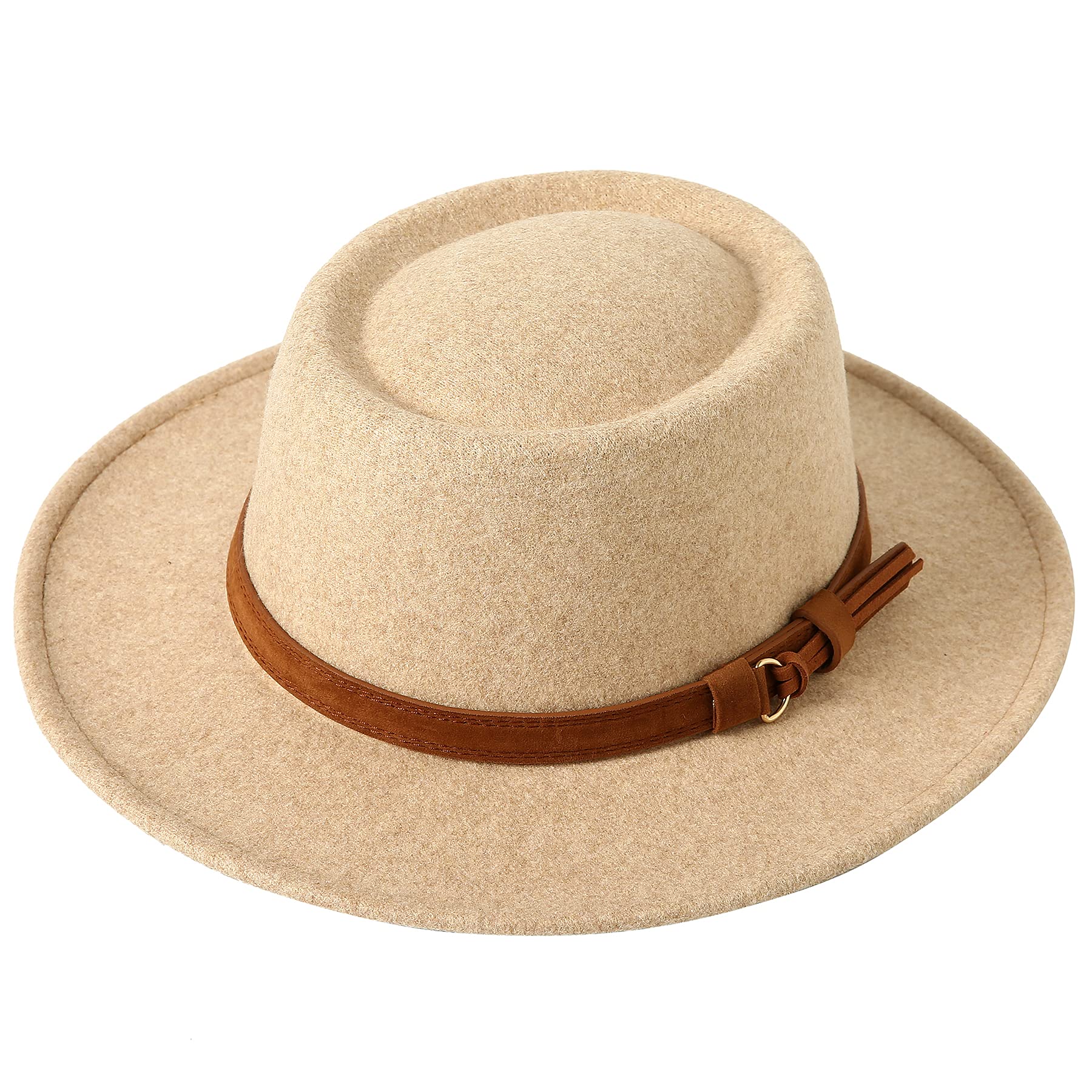 Lanzom Women Retro Felt Panama Hat with Belt Buckle Wool Wide Brim Fedora Hat (A-Oatmeal, Medium)