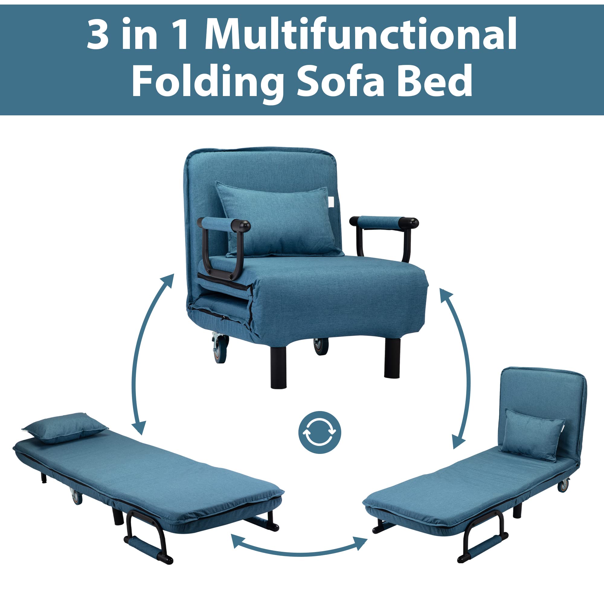 JAXSUNNY Convertible Sofa Bed Sleeper Chair, 5 Position Blue Recliner with Adjustable Backrest and Pillow, Chaise Lounge Couch for Living Room Bedroom Home Office
