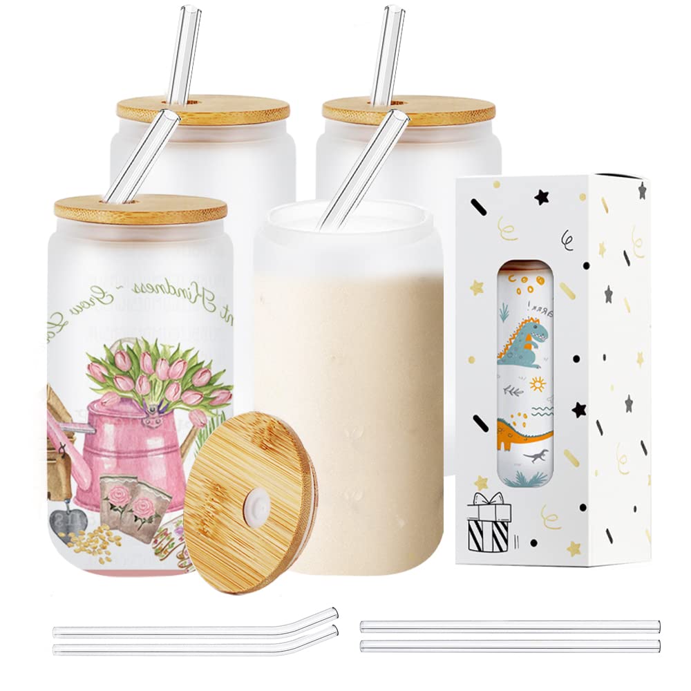 MerryJoy 4 PACK Sublimation Glass Blanks With Bamboo Lid,16 OZ Frosted Glass Cups With Lids And Straws,Sublimation Glass Can,Sublimation Glass Blanks For Iced Coffee,Juice,Soda,Drinks,Beer