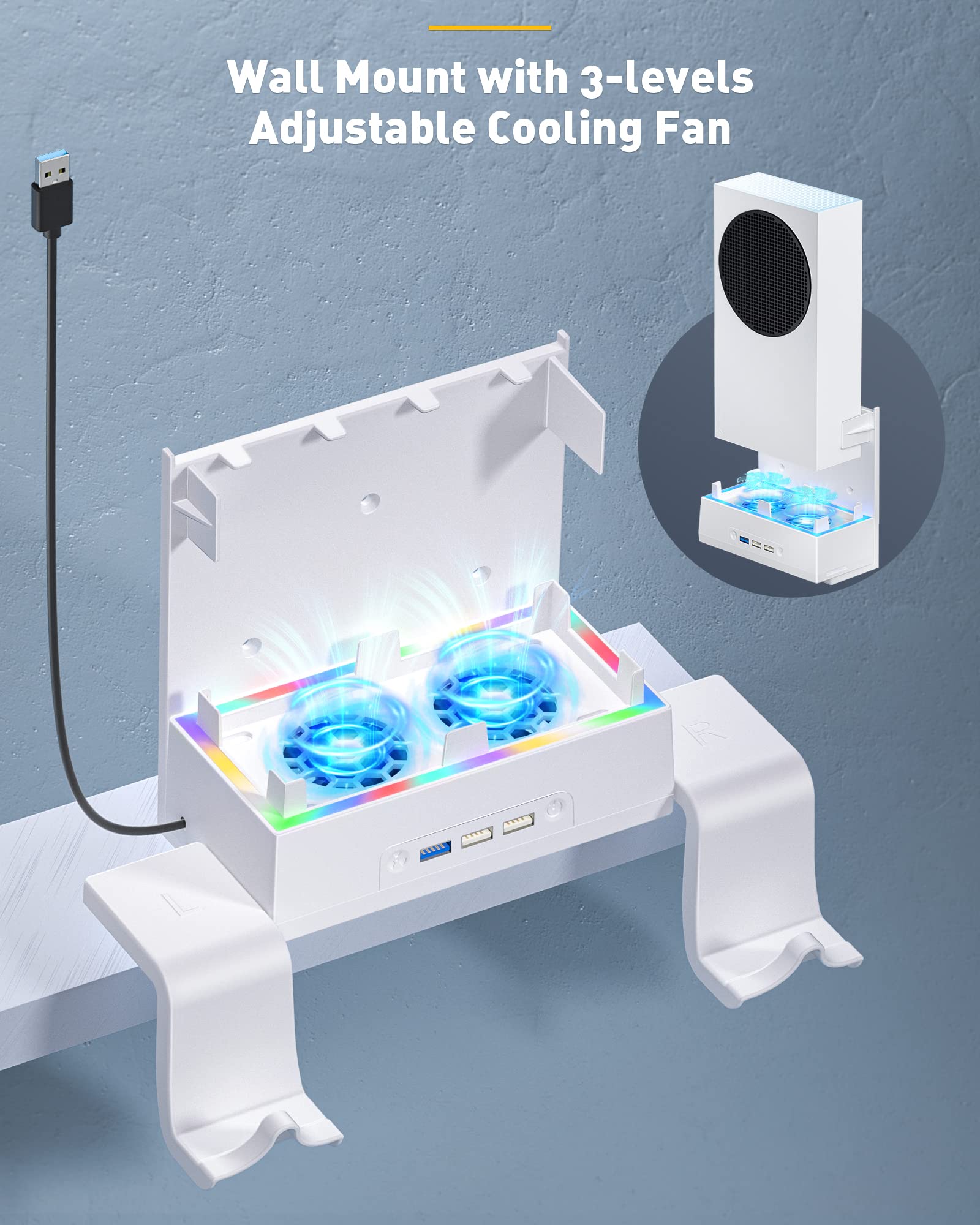 Narati Wall Mount with Cooling Fan for Xbox Series S, 6 in 1 Wall Mount Kit Fan Cooler System with 3 Level Adjustable Speed, 2 Detachable Controller Holder, 3 USB Port & LED Lights for XSS