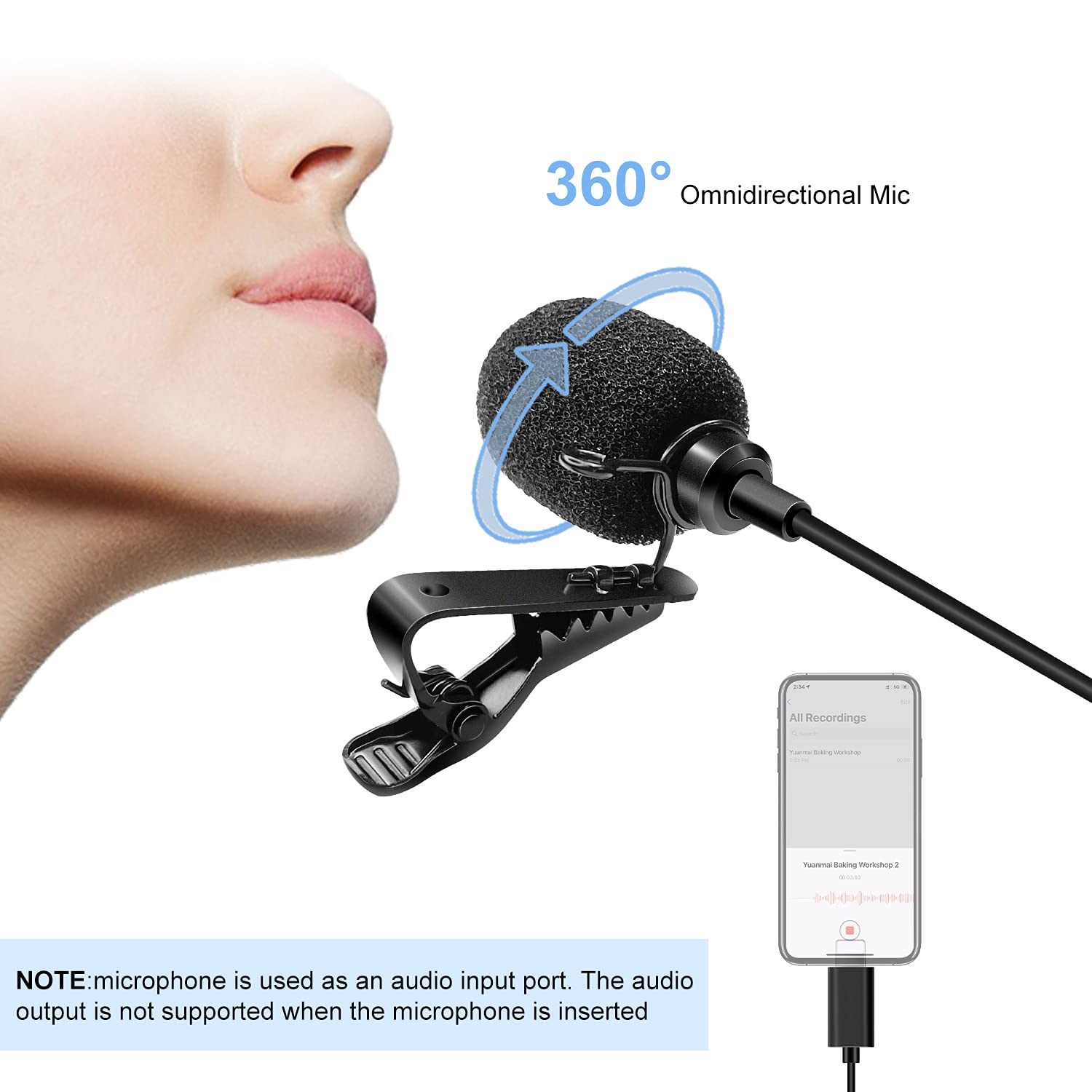 Lapel Microphone for iPhone,Professional Lavalier Omnidirectional mic Compatible with ipad,Easy to Use Recording YouTube Video,Interview,Conference(19.6 ft)