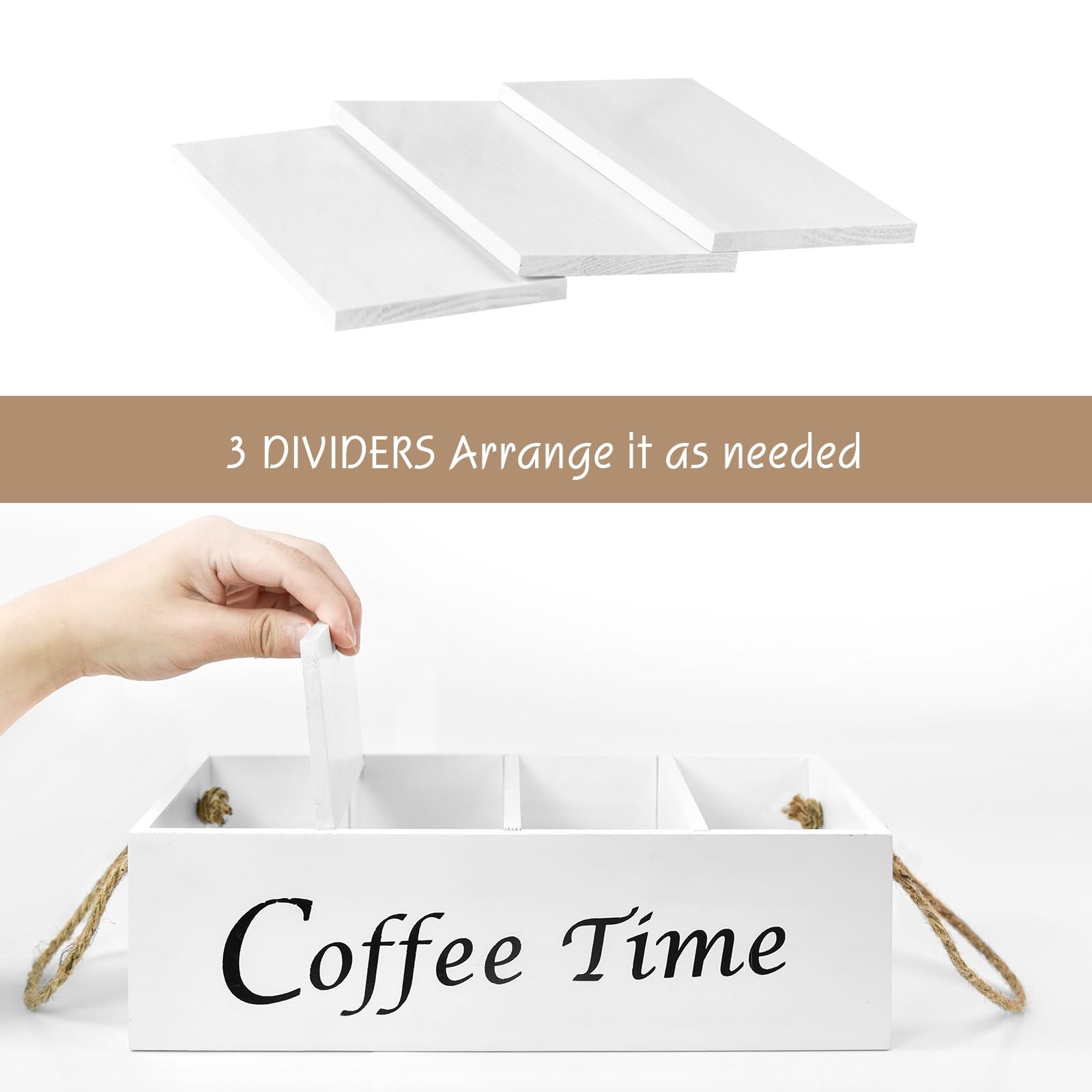 LadyRosian Coffee Station Organizer - 2 Funny Sides Wooden Coffee Bar Organizer with Removable Dividers for Countertop, White