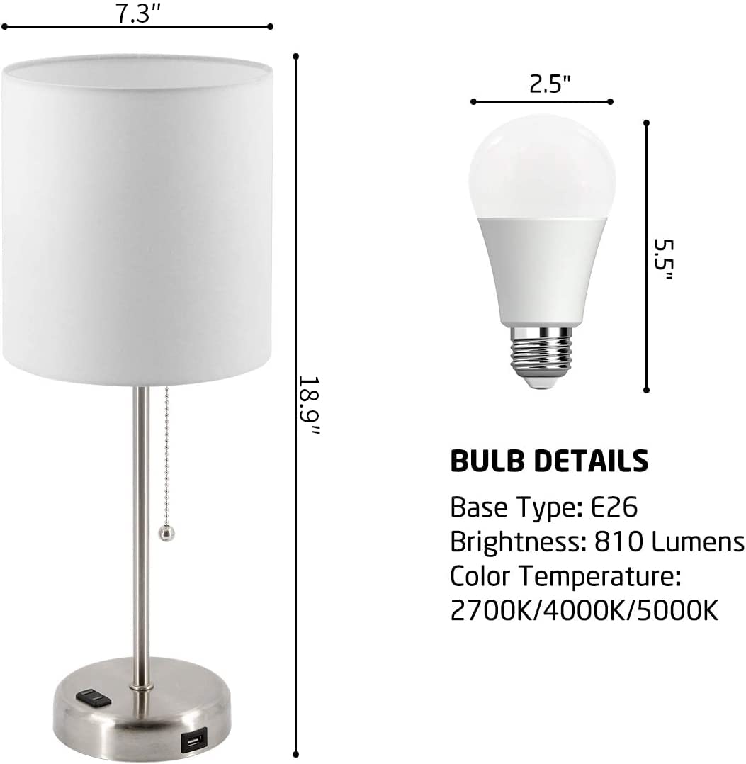 Kukobo Bedside Table Lamps for Bedroom Set of 2, 3 Color Temperature Nightstand Lamp for Living Room with USB Charging Port & AC Outlet, Pull Chain White Shade, 2 Blubs Included.