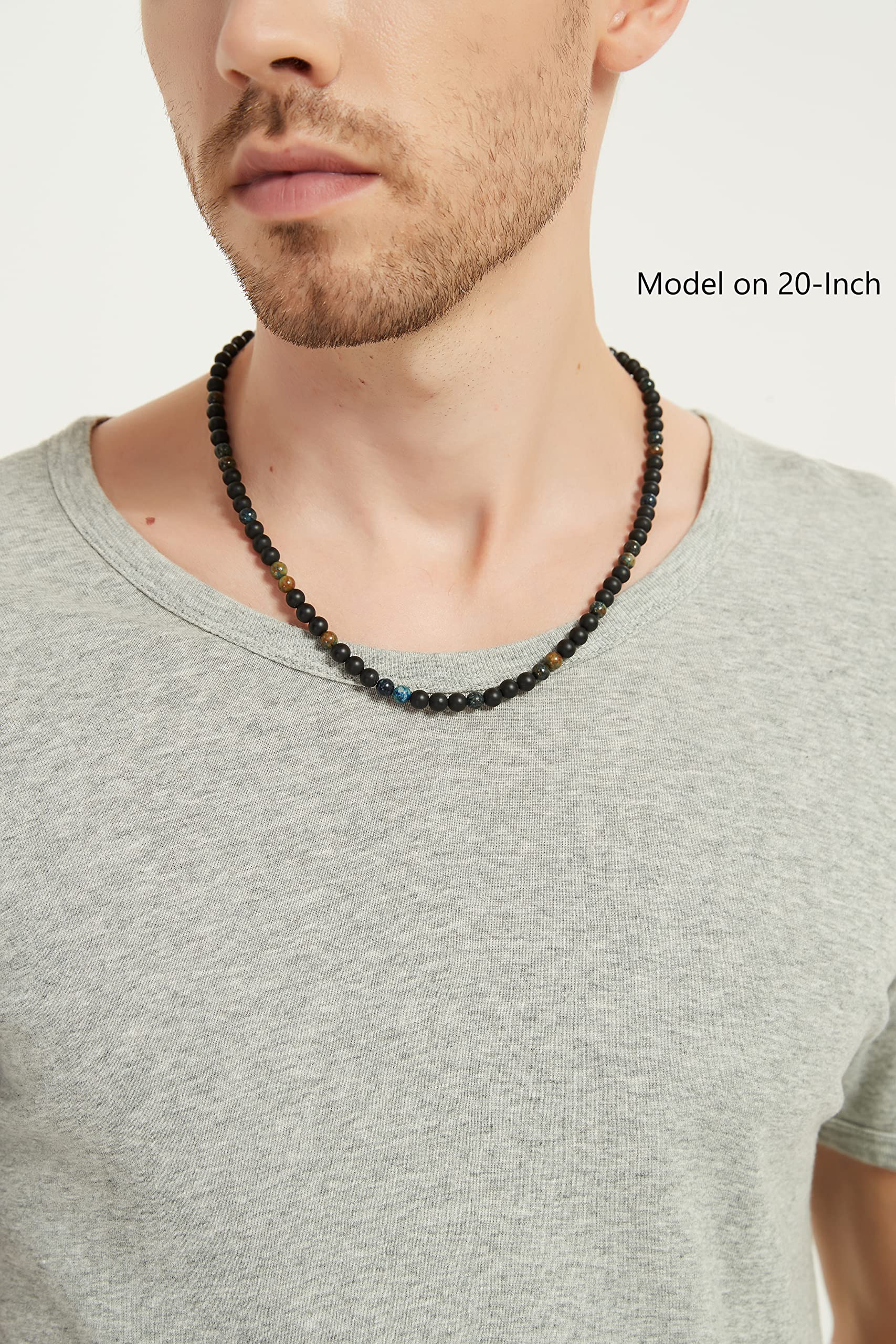 LuxSep Minimalist Style Natural 6mm Azurite and Onyx Beaded Necklace 20β