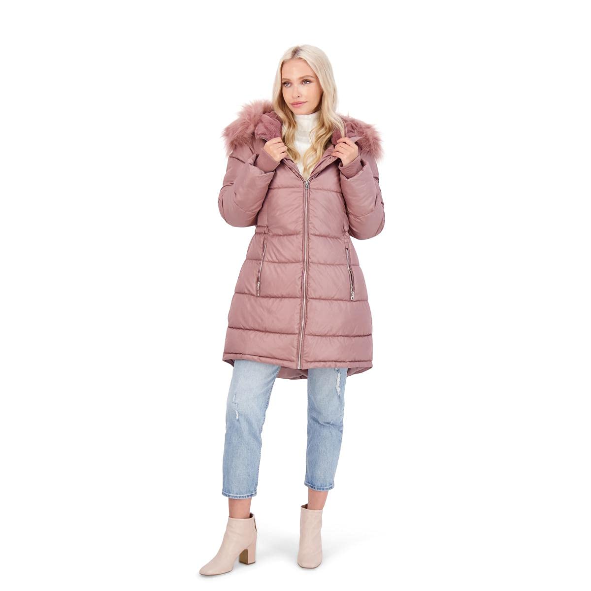 Jessica Simpson Womens Quilted Puffer Winter Coat w/Faux Fur Hood Pink Size L