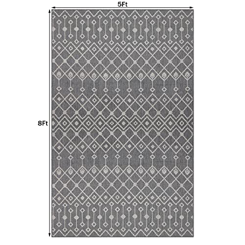 Patio Rug for Entrance Bohemian 5x8Ft Grey Area Rug Indoor Outdoor Rug Textured Weave Floor Carpet Durable Washable Rug for Patio,Home,Picnic,Camping