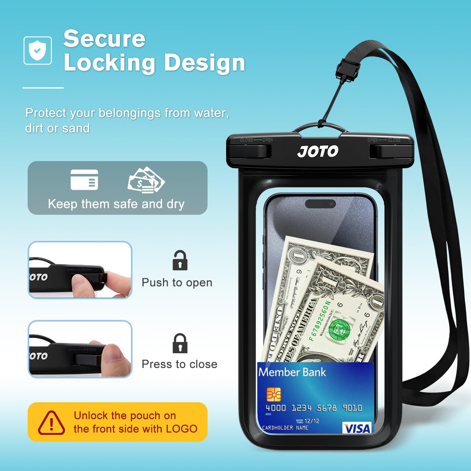 JOTO IPX8 Waterproof Phone Pouch Case, Underwater Dry Bag for Phone Protector for iPhone 15 14 13 12 11 Pro Max, Galaxy S24 S23 S22 Ultra Pixel to 7" Cruise Vacation Essential -2 Pack, Black