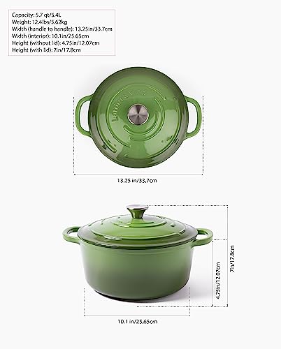 Larder & Vine Enameled Cast Iron Dutch Oven with Lid - Oversized Handles, Dome Lid, Dutch Oven for Sourdough Bread Making β 5.7QT/5.4L - (Okra)