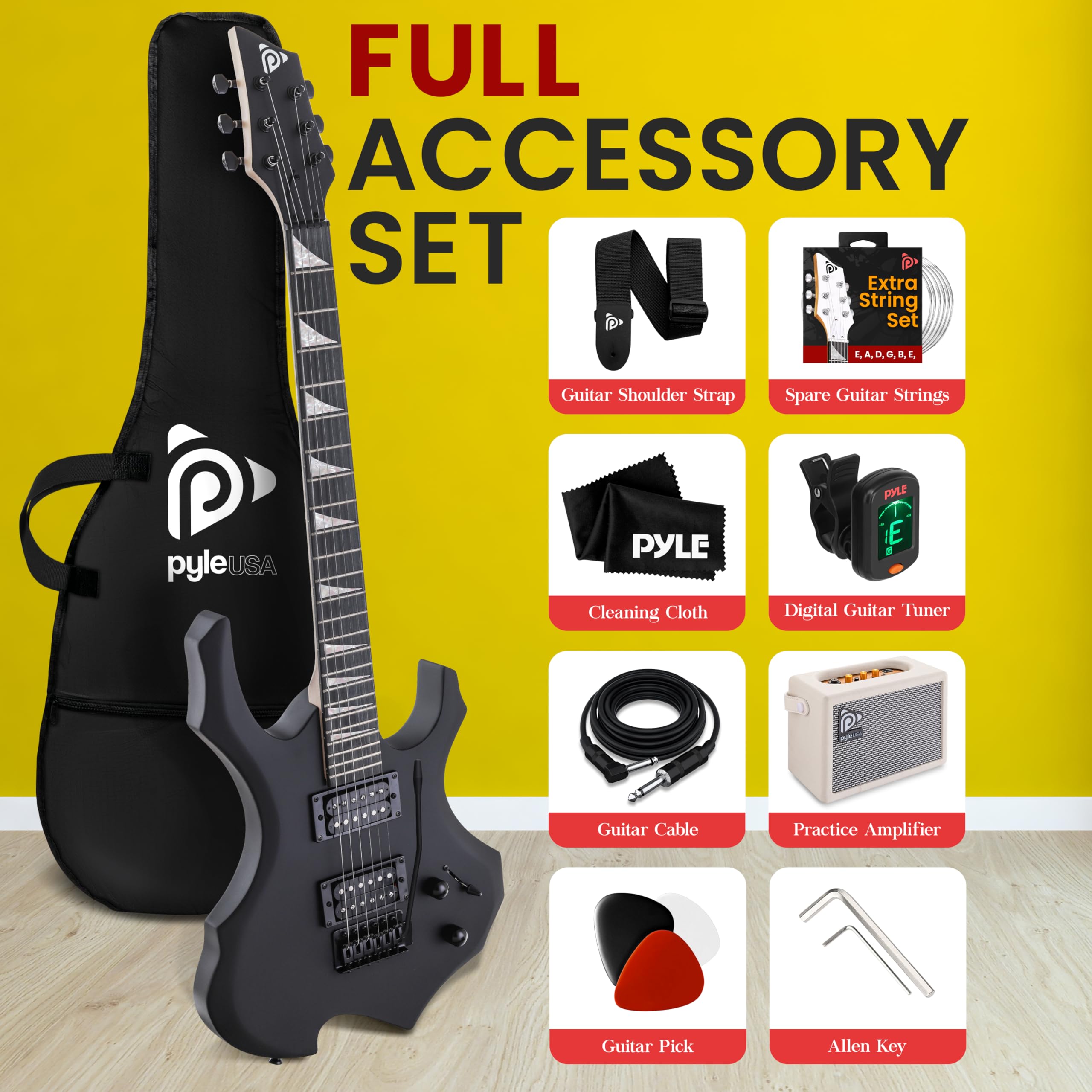 Pyle Heavy Metal EG Fire Electric Guitar Axe w/ Amplifier Kit, Full Size Instrument w/ Practice Amp & Accessories, Black Matte