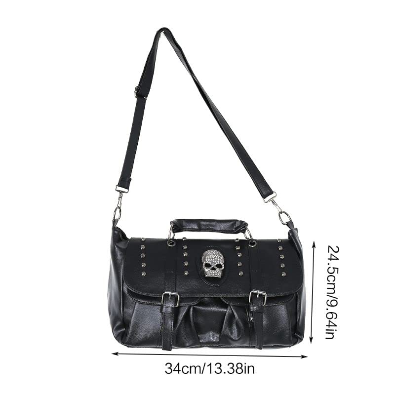 Popular Fashion Womens Personalise Punk Rivet Skull Shoulder Bag Handbag Black (Black)
