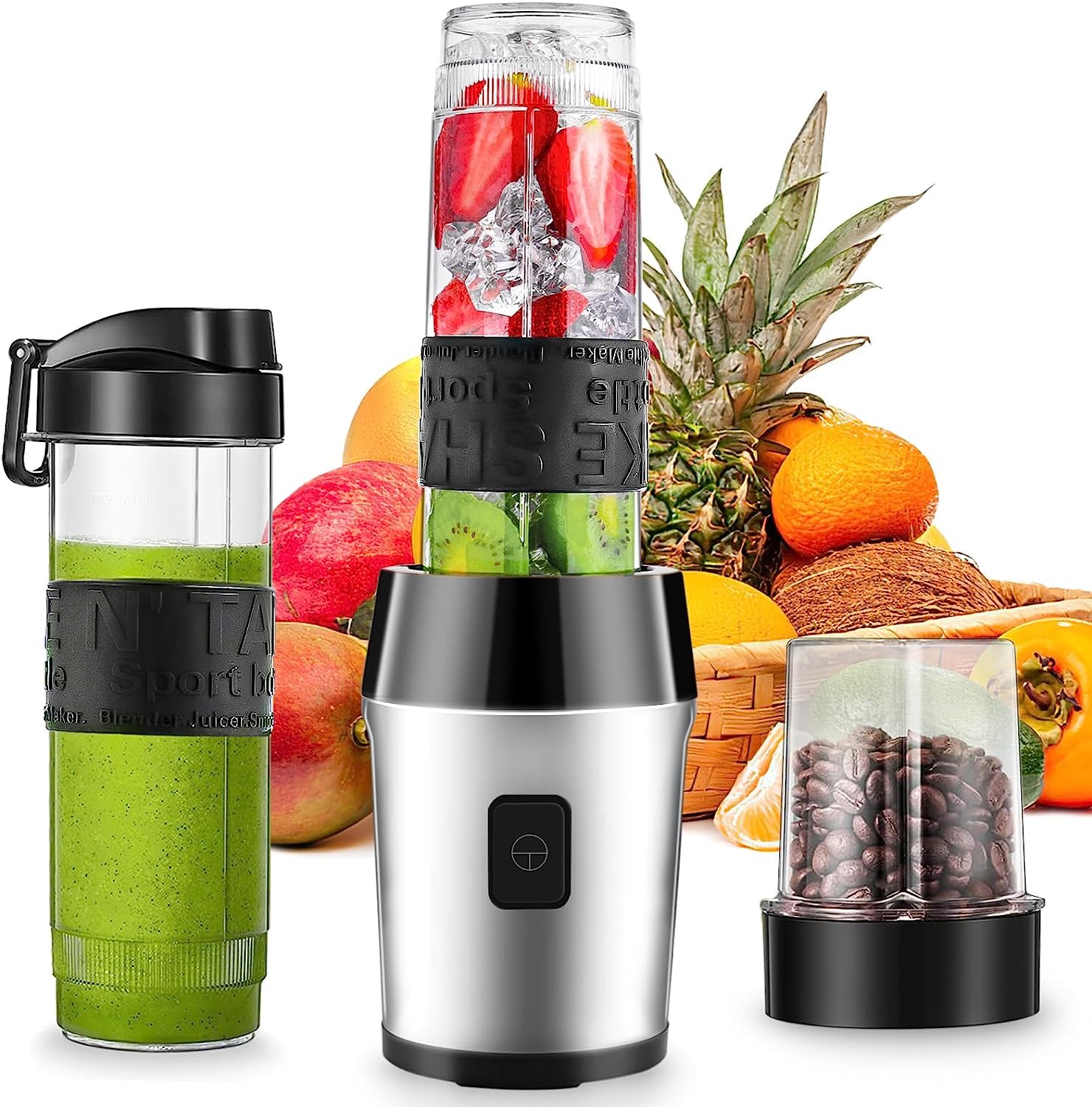 Lainsten Personal Blender, Portable Blender for Shakes and Smoothies,500W Personal blender For Kitchen Blender Set with 2X20oz Sports Mug, Grinder Cup (Black-01)