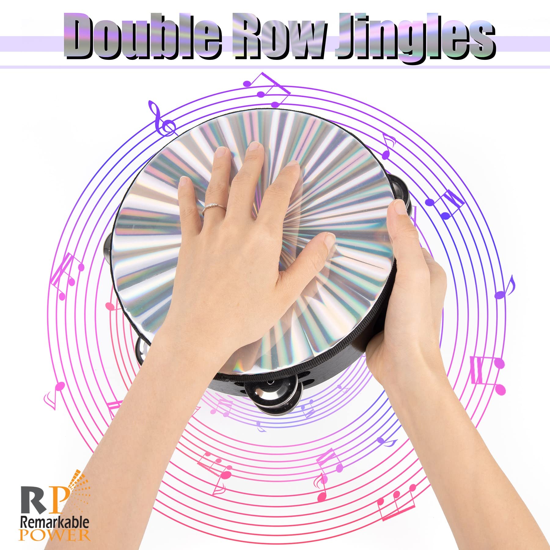 RP Remarkable Power, 2 Pack 8 Inch Radiant Tambourine Wooden Hand Held Drum Double Row Jingles Reflective for Church KYV Party
