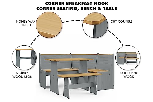 Urban Home Furniture Chapman 2 Tone Natural/Grey Solid Wood Corner Dining Set, Reversible Breakfast Nook