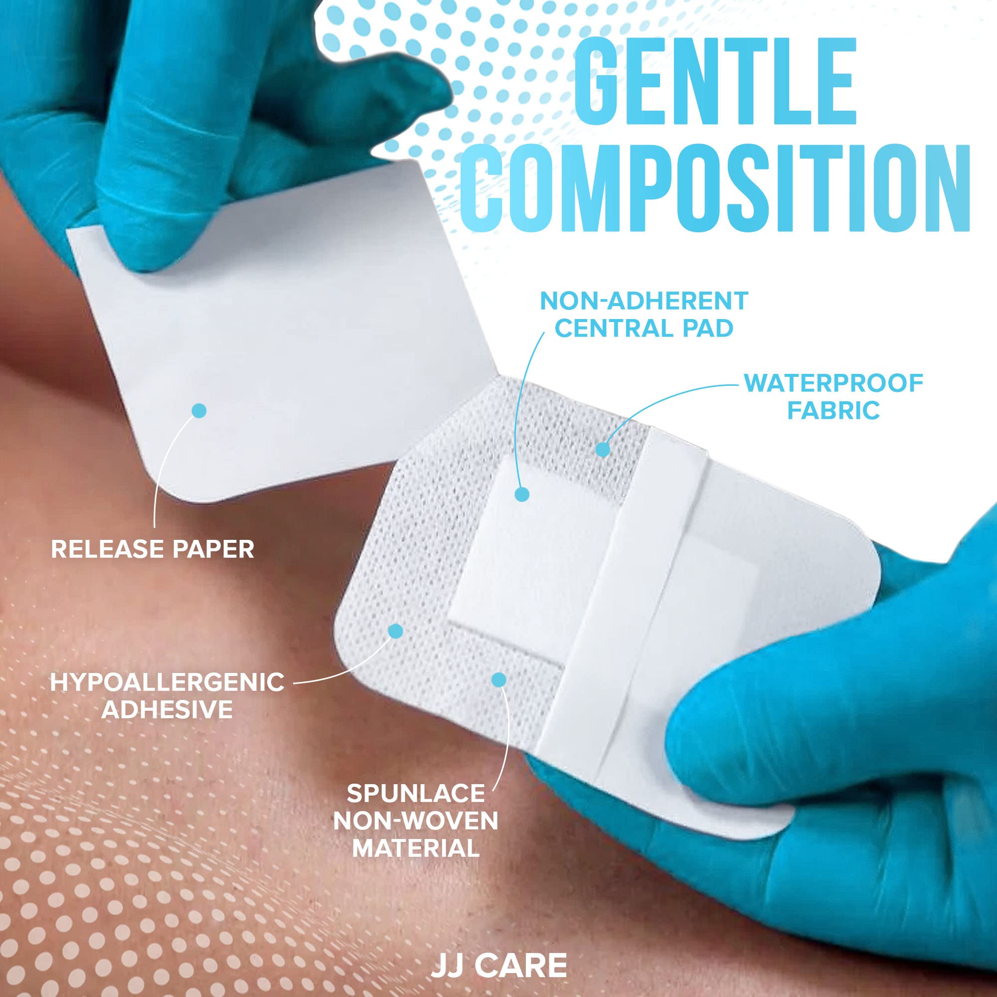 JJ CARE Waterproof Adhesive Island Dressing [Pack of 50], 2" x 3.75" Sterile Island Wound Dressing, Breathable Bordered Gauze Dressing, Individually Wrapped Latex Free Bandages, Non-Stick Central Pad