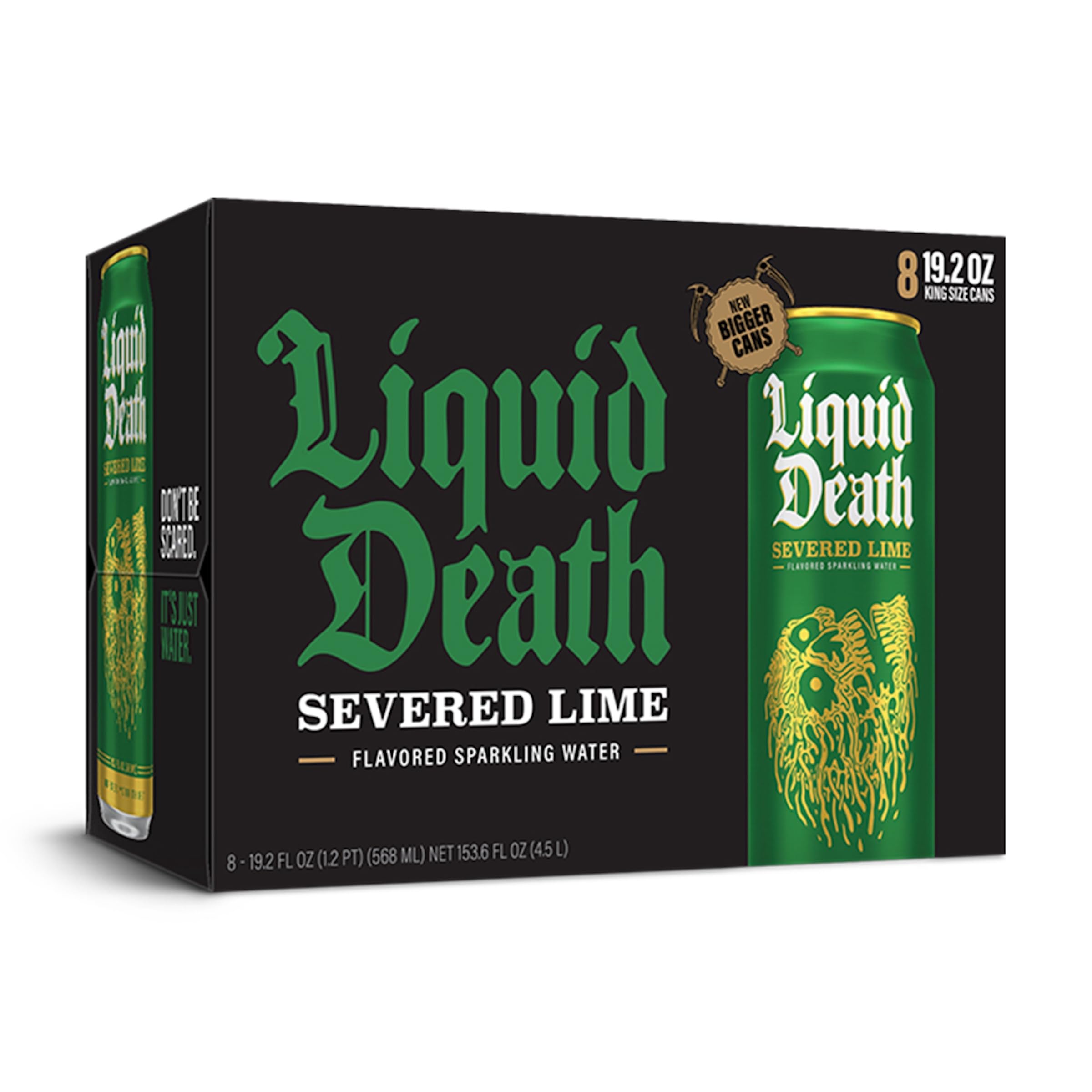 Liquid Death, Severed Lime Sparkling Water, Lime Flavored Sparkling Beverage Sweetened With Real Agave, Low Calorie & Low Sugar, 8-Pack (King Size 19.2oz Cans)