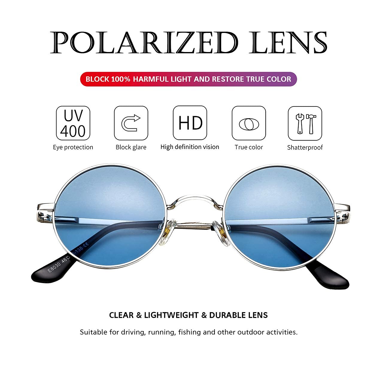 PORADAY Circle Lennon Glasses Retro Round Polarized Sunglasses Hippie Style Small Circle Sun Glasses (Silver/Clear Blue)