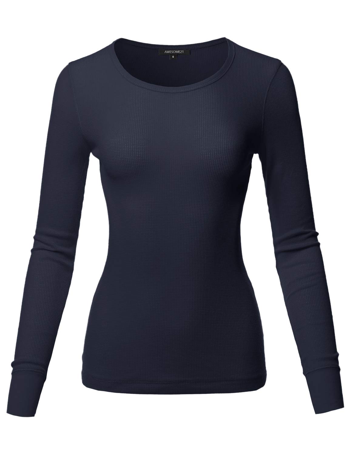 Made by Emma Casual Solid Basic Crew Neck Long Sleeves Thermal Top Navy S