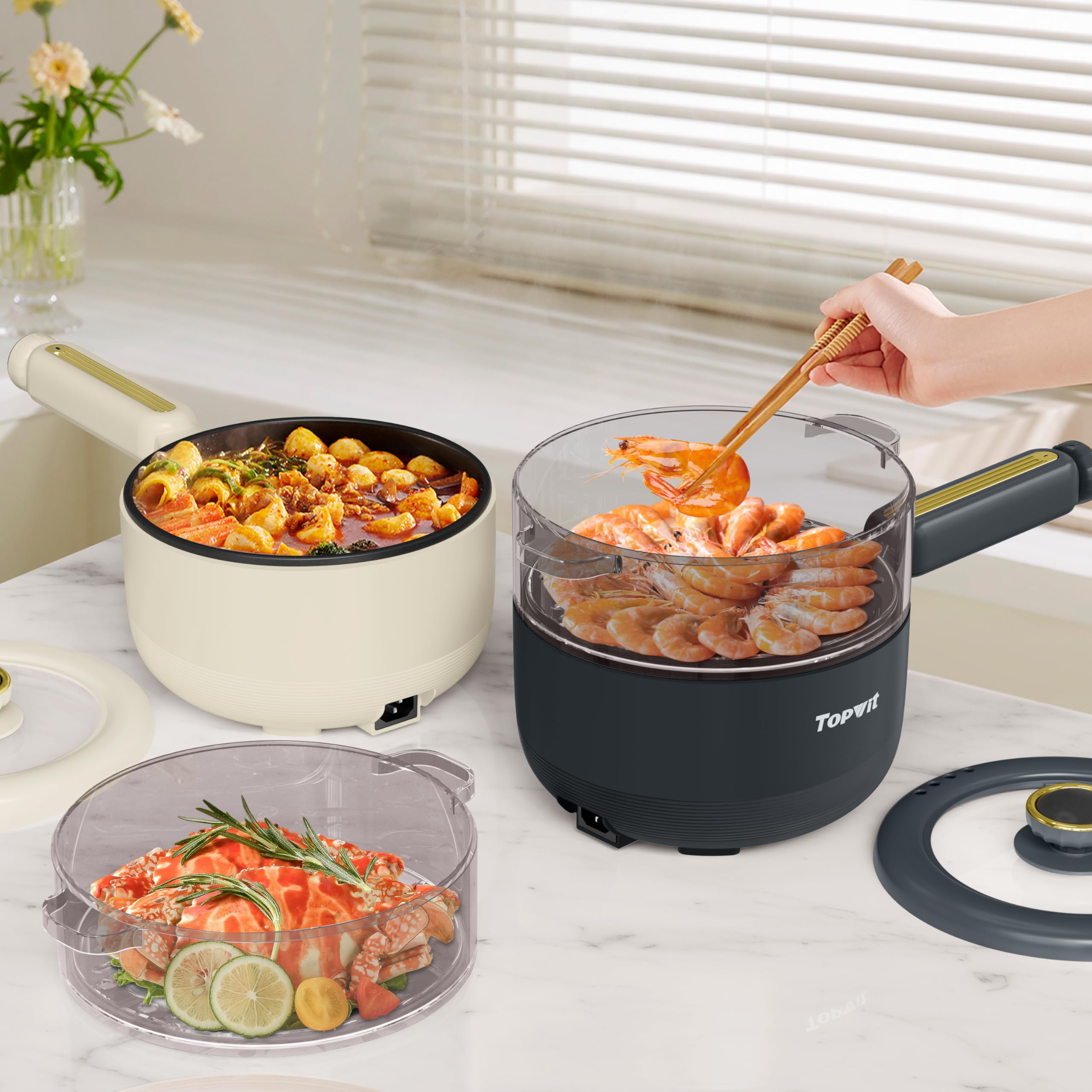 TOPWIT Hot Pot Electric with Steamer, 2L Multifunctional Electric Pot, Non-Stick Fring Pan, Portable Pot for Steak, Fried Rice, Ramen, Soup with Dual Power Control (Silicone Spatula Included), Grey