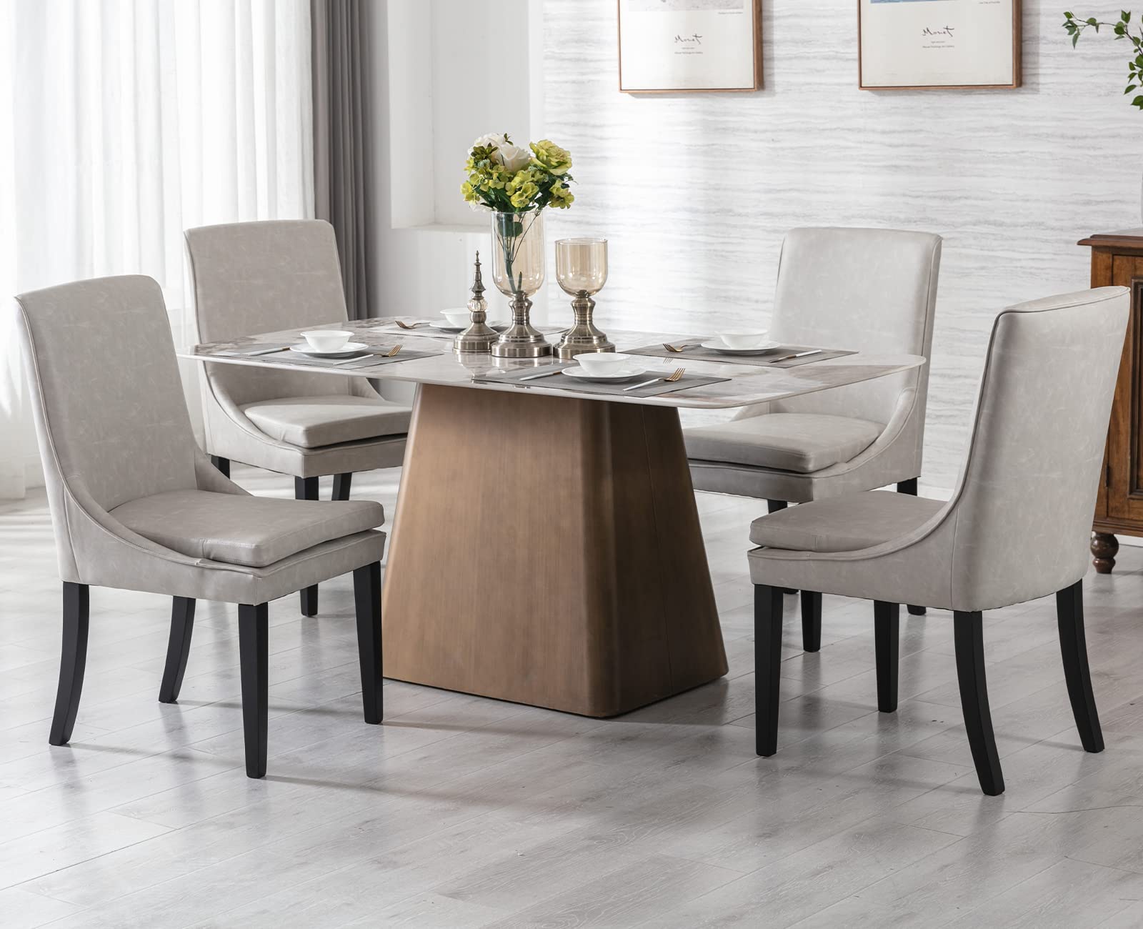 Kmax Linen Fabric Dining Chairs Set of 4 Upholstered Side Chairs Modern Accent Chairs with Wood Legs for Dining Room Kitchen Restaurant, Light Grey