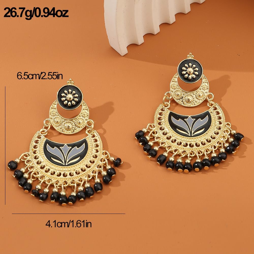 Kenjudess Vintage Turquoise Beaded Tassel Chandelier Earrings Retro Gold Ethnic Long Moon Drop Dangle Hook Earrings Exotic Indian Belly Dance Accessories for Women (Black B)