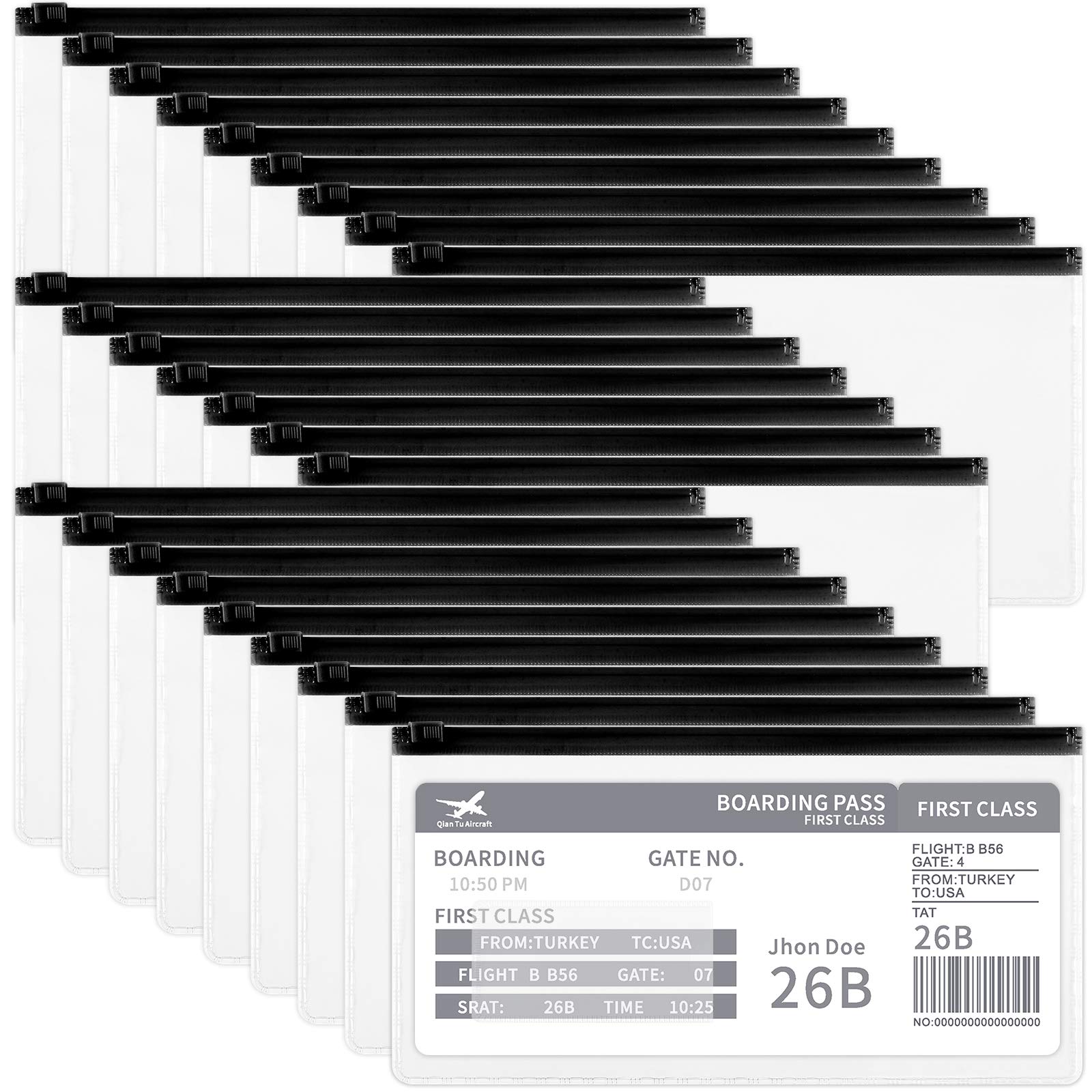 LABUK 25pcs Poly Zip Envelope, 9 x 4.7 Inches, Clear Zipper Pouch with Label Plastic Reusable Envelopes, A6 Size for Office Supplies, Black