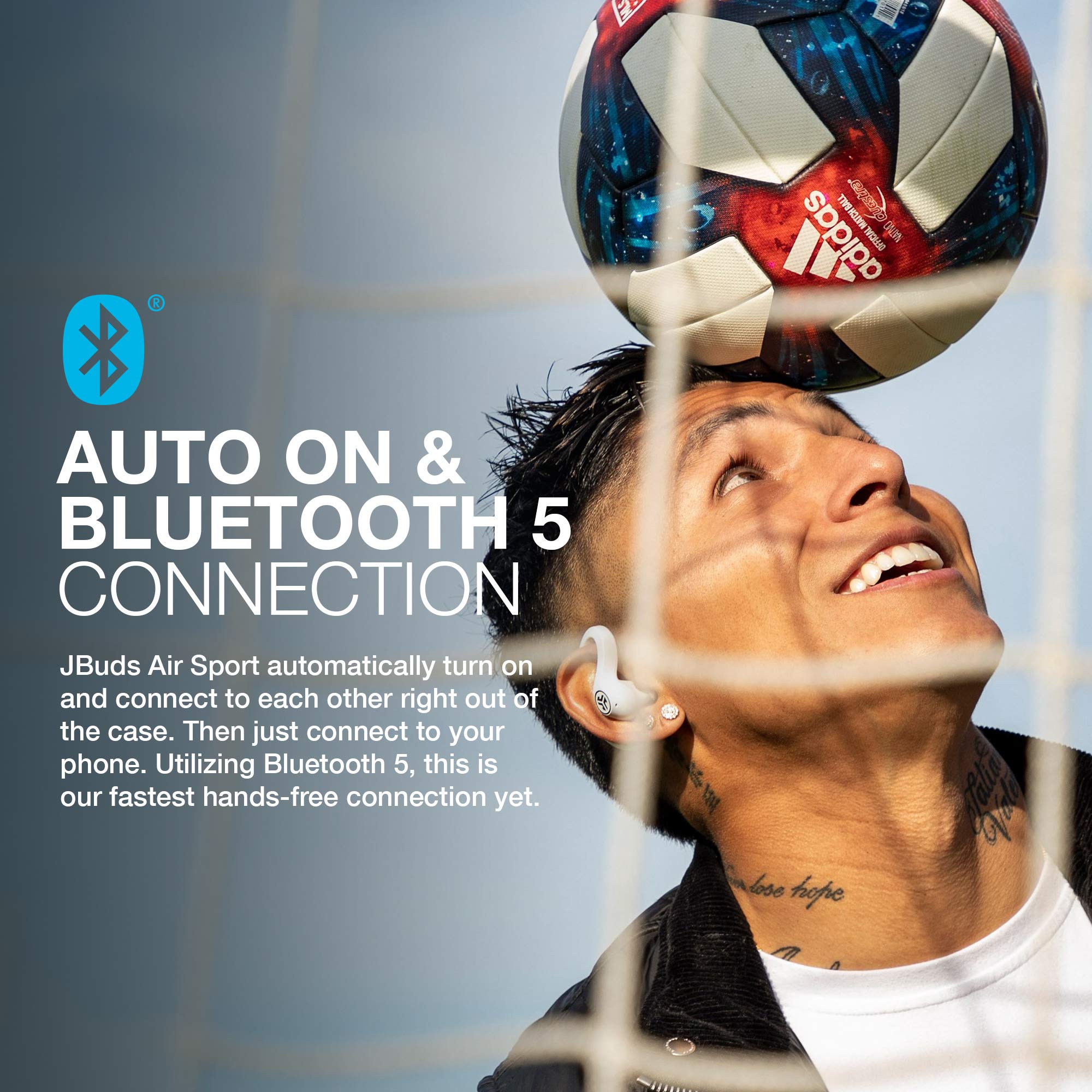 JLab JBuds Air Sport True Wireless Bluetooth Earbuds + Charging Case, White, IP66 Sweat Resistance, Class 1 Bluetooth 5.0 Connection, 3 EQ Sound Settings Signature, Balanced, Bass Boost