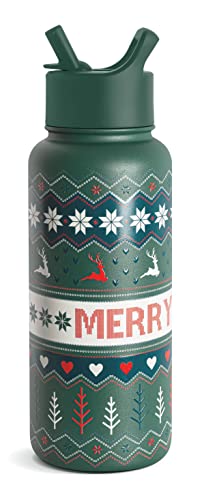 Simple Modern Christmas Water Bottle with Straw | Insulated Stainless Steel Metal Thermos | Ugly Christmas Sweater Gift for Men Women Girls Boys White Elephant Gifts Leak Proof Bottles | Summit | 32oz