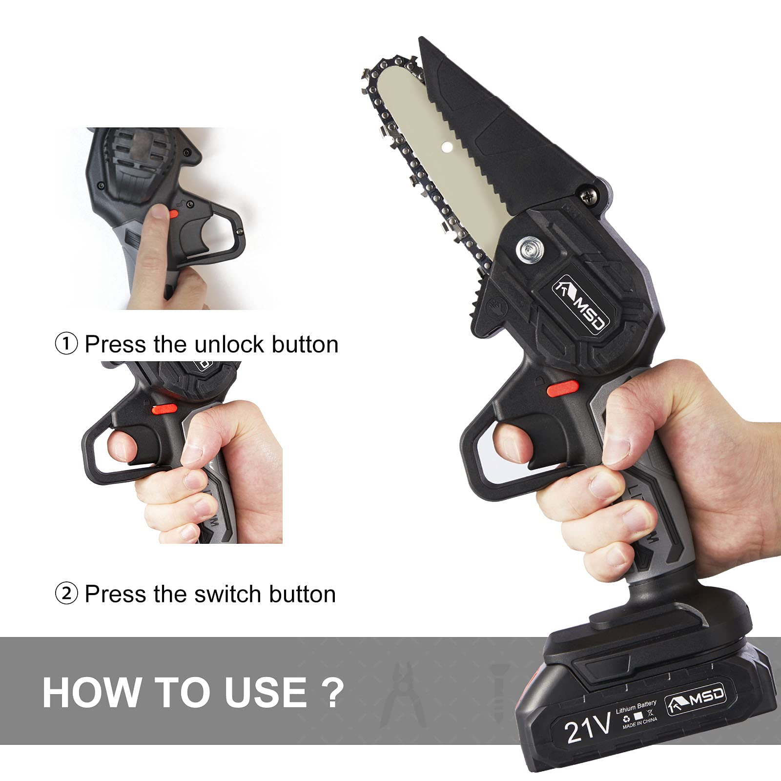 MSD 4 Inch Mini Cordless Chainsaw-Electric Handheld Chainsaw with 2 Replacement Chains, 2 Rechargeable Batteries, One-Handed Portable Chainsaw for Branch Wood Cutting Tree Pruning