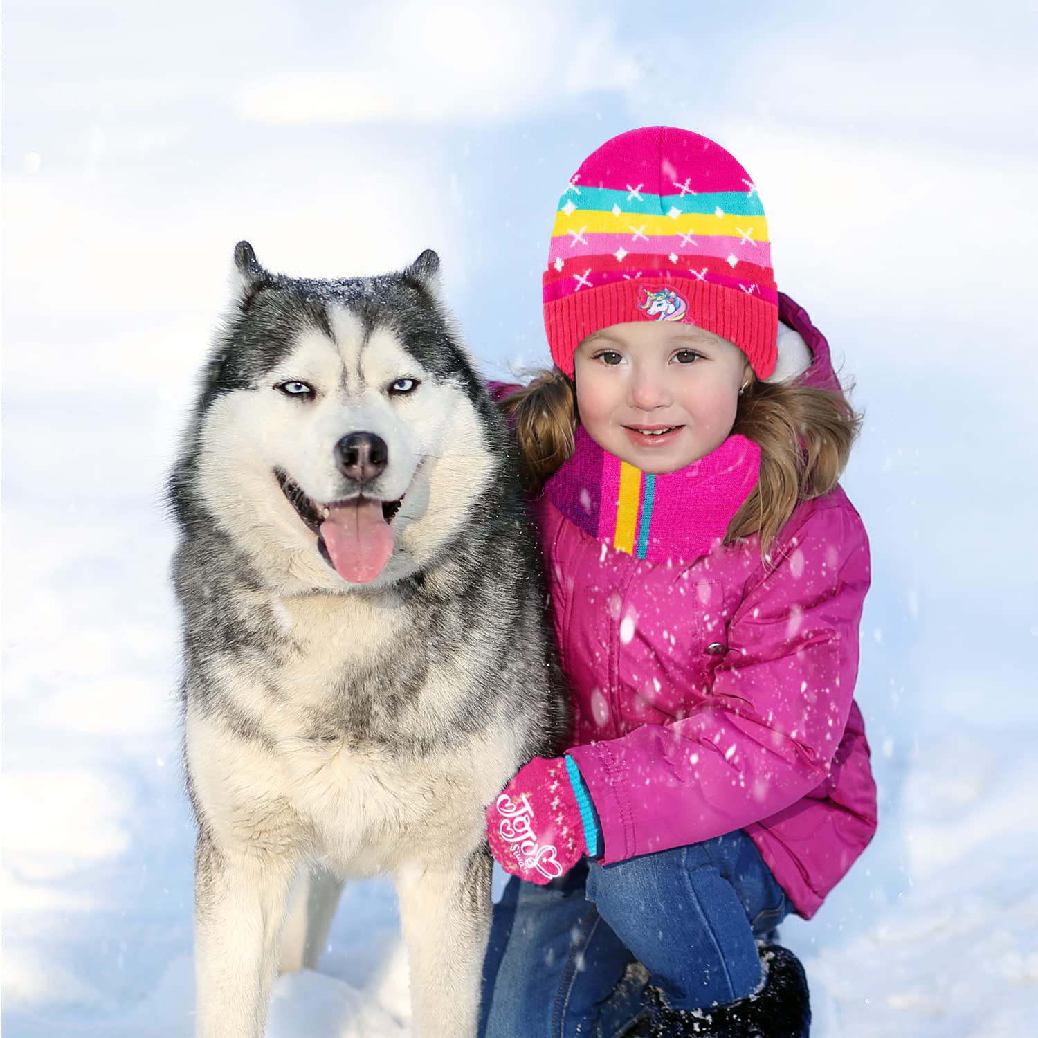 JoJo Siwa Kid’s Winter Hat, Scarf, and Snow Gloves, 3 Pc. Set, Soft and Warm Pom-Pom Beanie with Big Bow