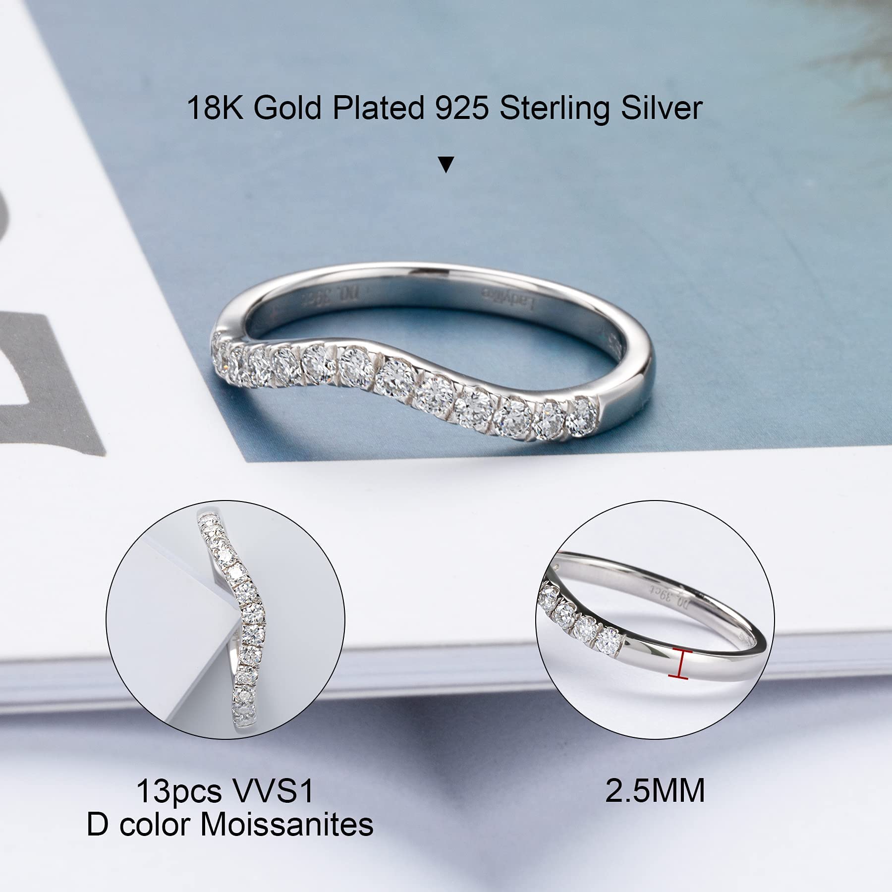 Ladylike Moissanite 3 Stone Rings 1.6ct and Half Eternity Curved Moissanite Wedding Band 0.39ct D Color VVS1 Lab Created Diamond (size 9)