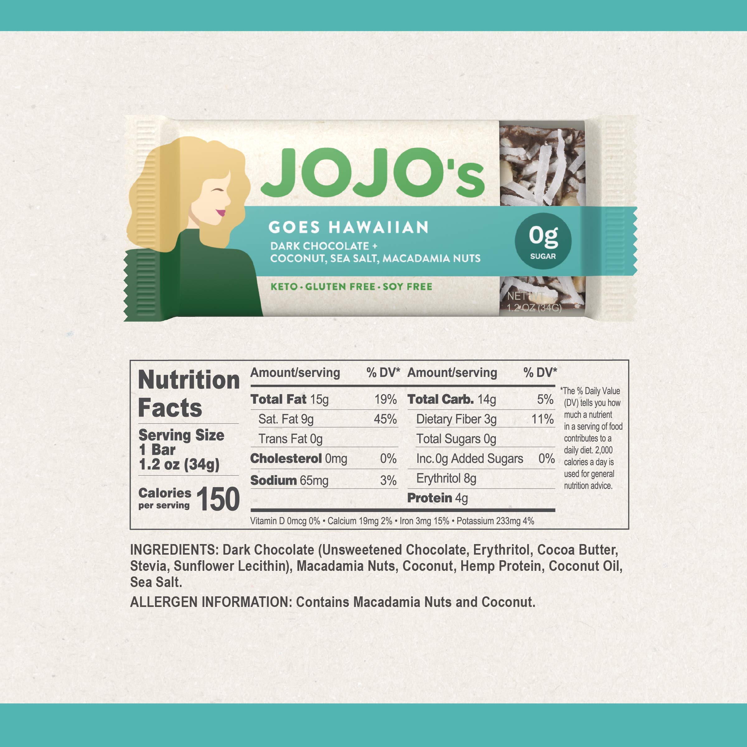 JOJO's Dark Chocolate Bars Made with Hemp, Plant Based Protein, Sugar Free, Low Carb, Vegan, Paleo & Keto Friendly, Healthy Snack, Goes Hawaiian, 1.2oz Bar (12 Count Box)
