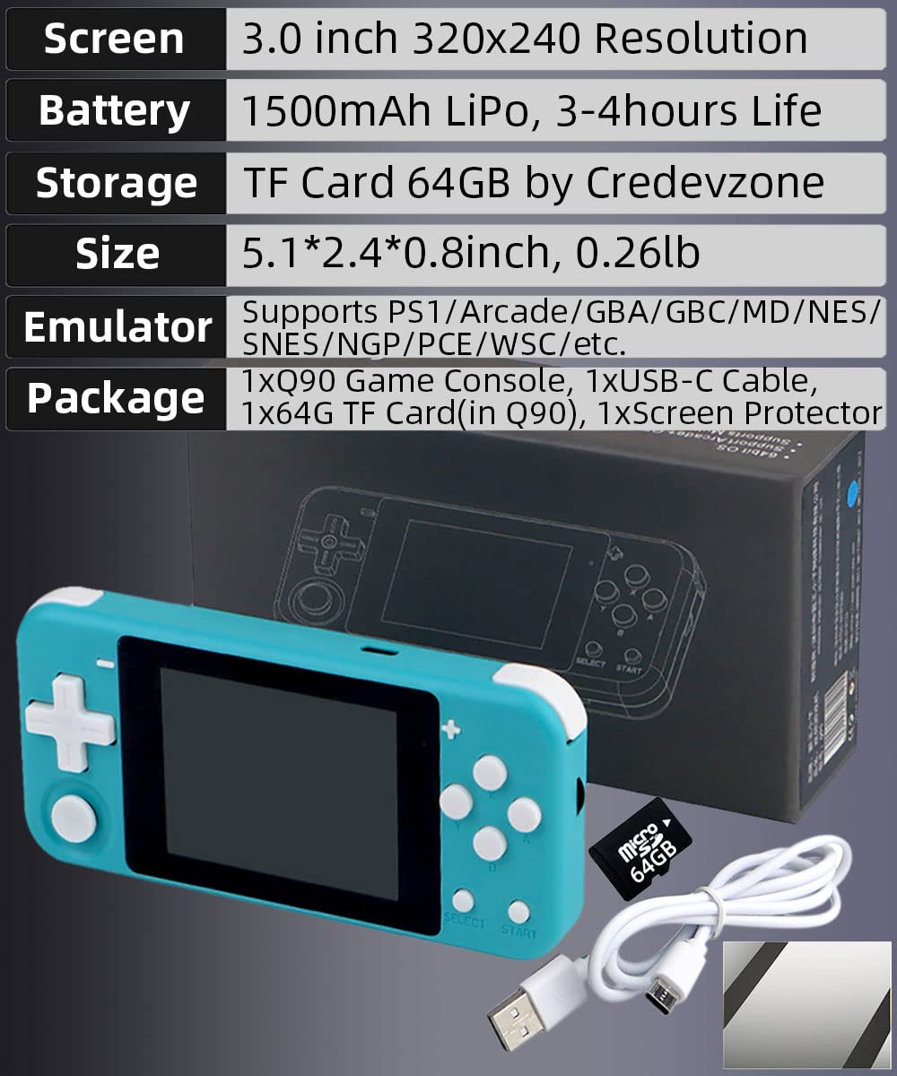 Q90 Handheld Game Console 3 inch Retro Games Consoles Built-in Rechargeable Battery Portable Style Hand Held Game Gaming Consoles System Turquoise 64GB