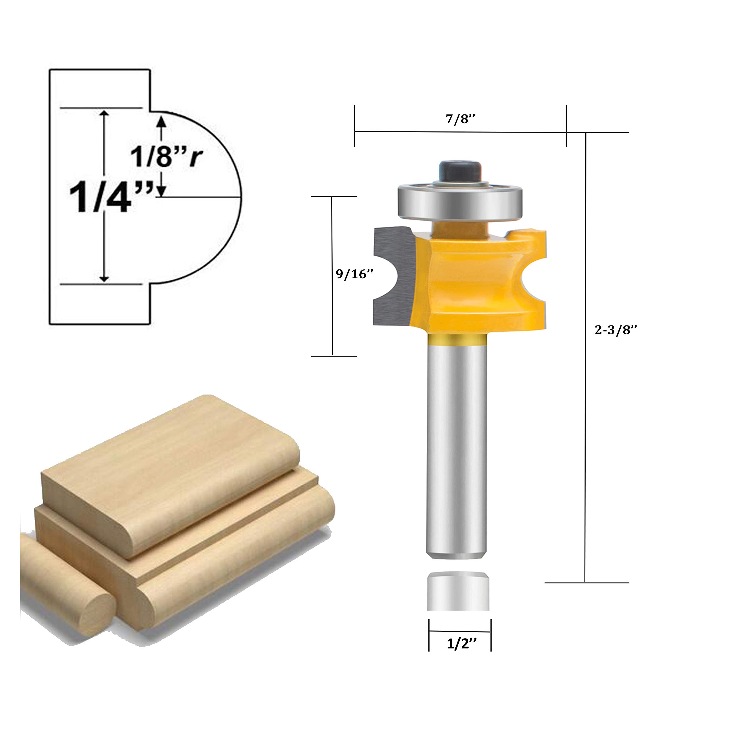 LEATBUY 1/2 Inch Shank Bullnose Router Bit 5PCS,Half Round Bearing Carbide Tipped Edge Cutting Bits, Radius 1/8" 3/16" 1/4" 5/16" 3/8", Woodworking Milling Cutter (YL05)
