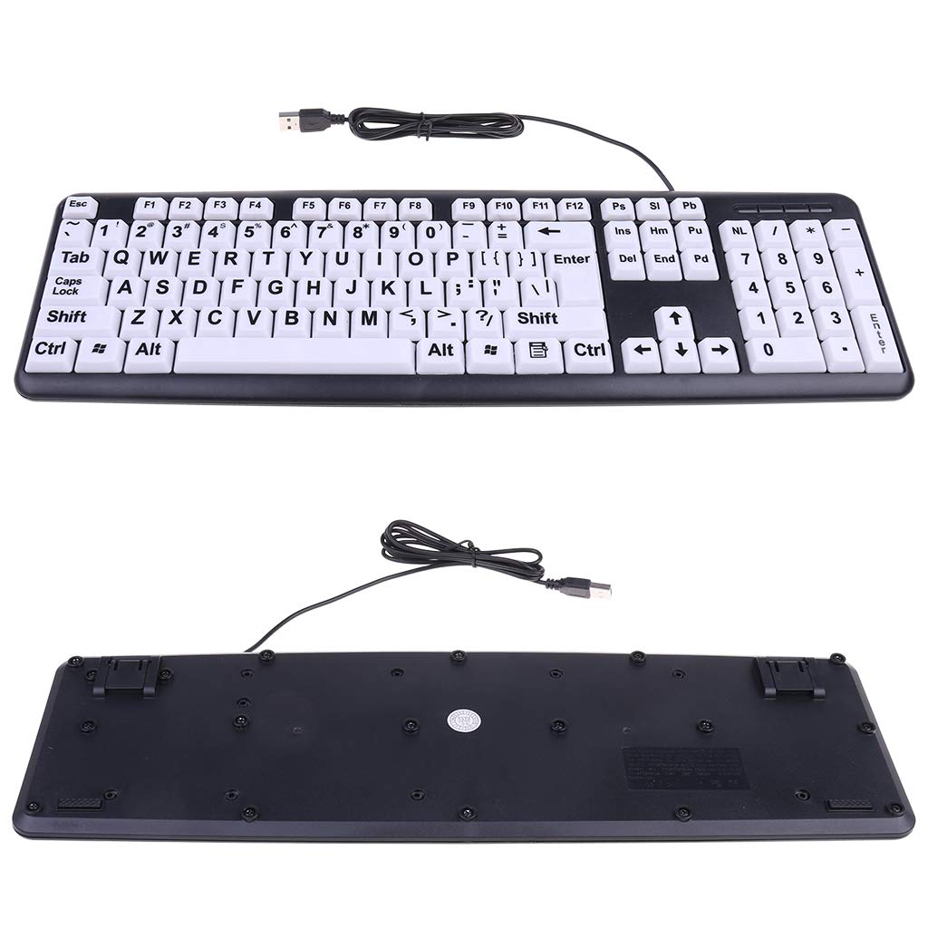 unband User USB Wired PC Computer Game Gaming Keyboard High Contrast Large Print White Keys Black Letter for Old People Elderly Men