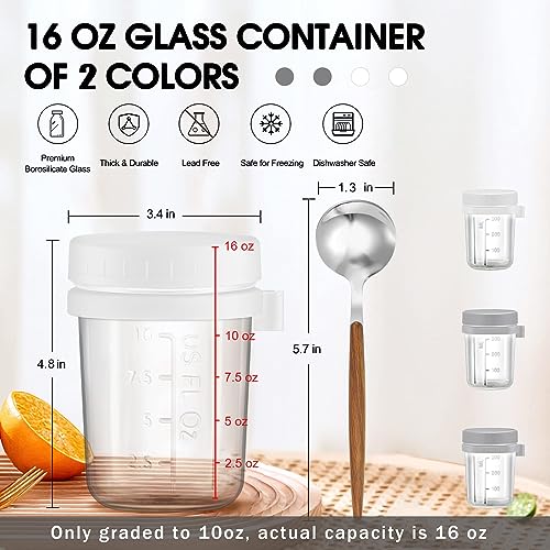 Tekuve 4 Pack Overnight Oats Containers with Lids and Spoon, 16 oz Glass Mason Jars with Airtight Lid for Overnight Oats Meal Prep Chia Yogurt Salad Fruit Gray White