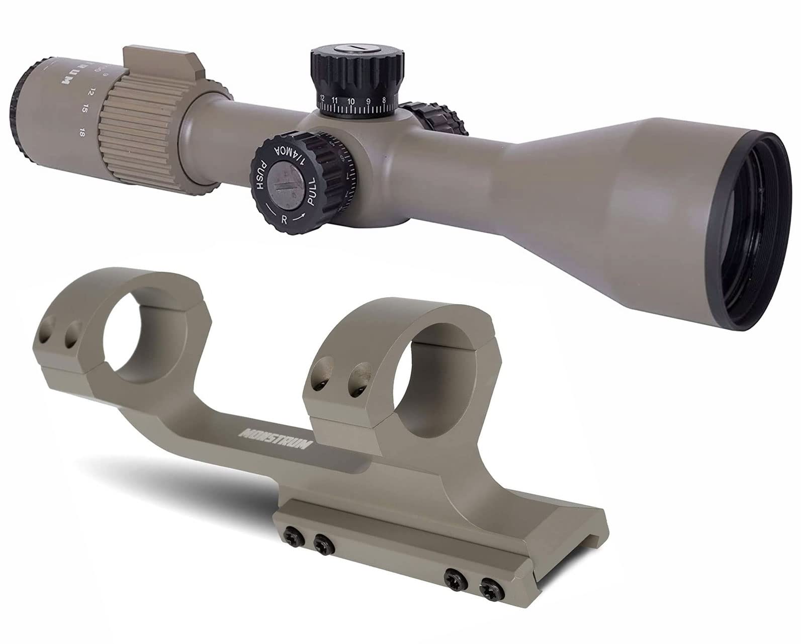 Monstrum G3 3-18x50 FFP Rifle Scope | Flat Dark Earth | Monstrum Extended Length Offset Scope Mount | 0 MOA | Bundle