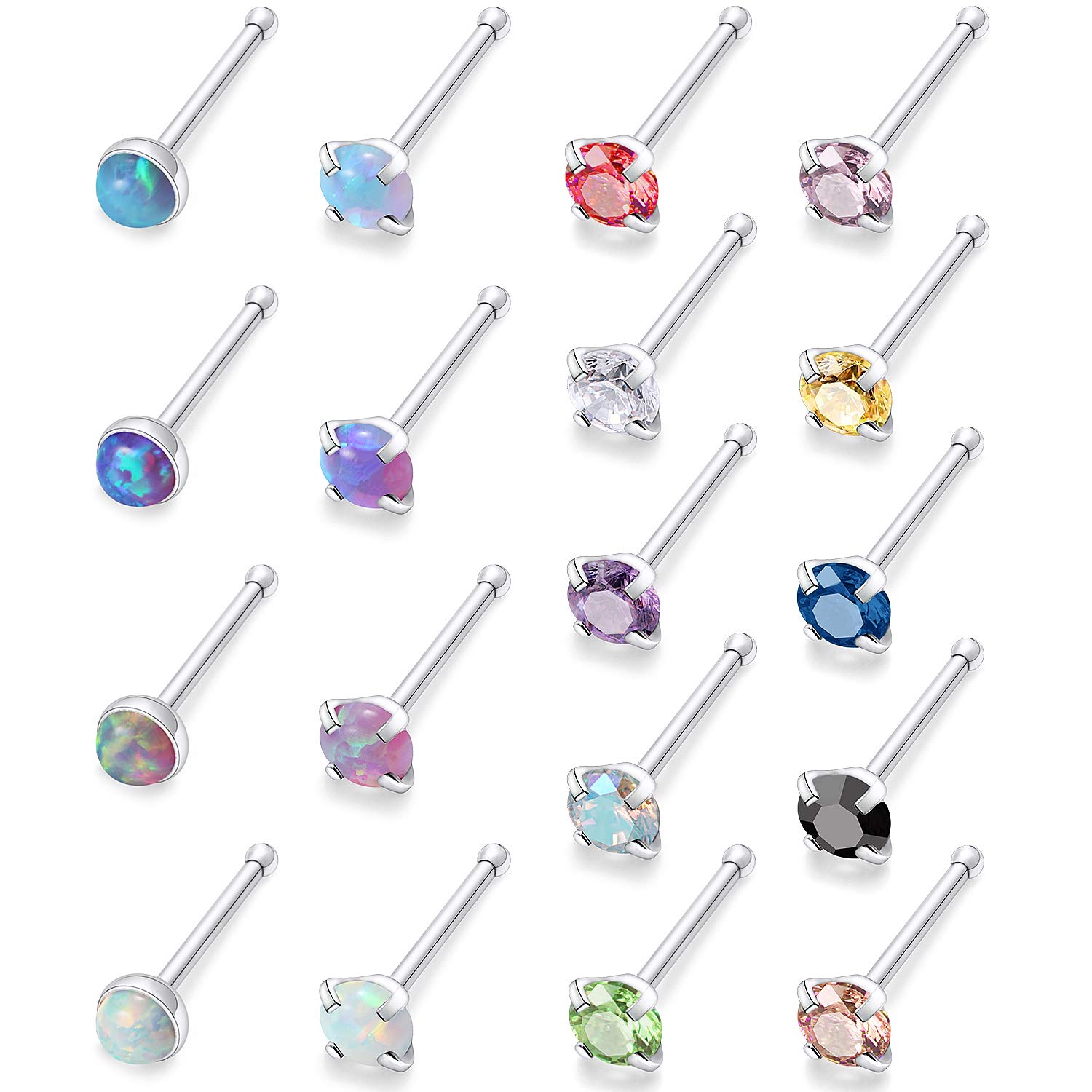Kridzisw 18G Nose Ring Stud Piercing Jewelry for Women 316L Stainless Surgical Steel Silver Diamond Crystal Straight Opal Nose Ring Stud Hoop Earrings Bar Pin Bone Pink Piercing Jewelry Women Men 2mm
