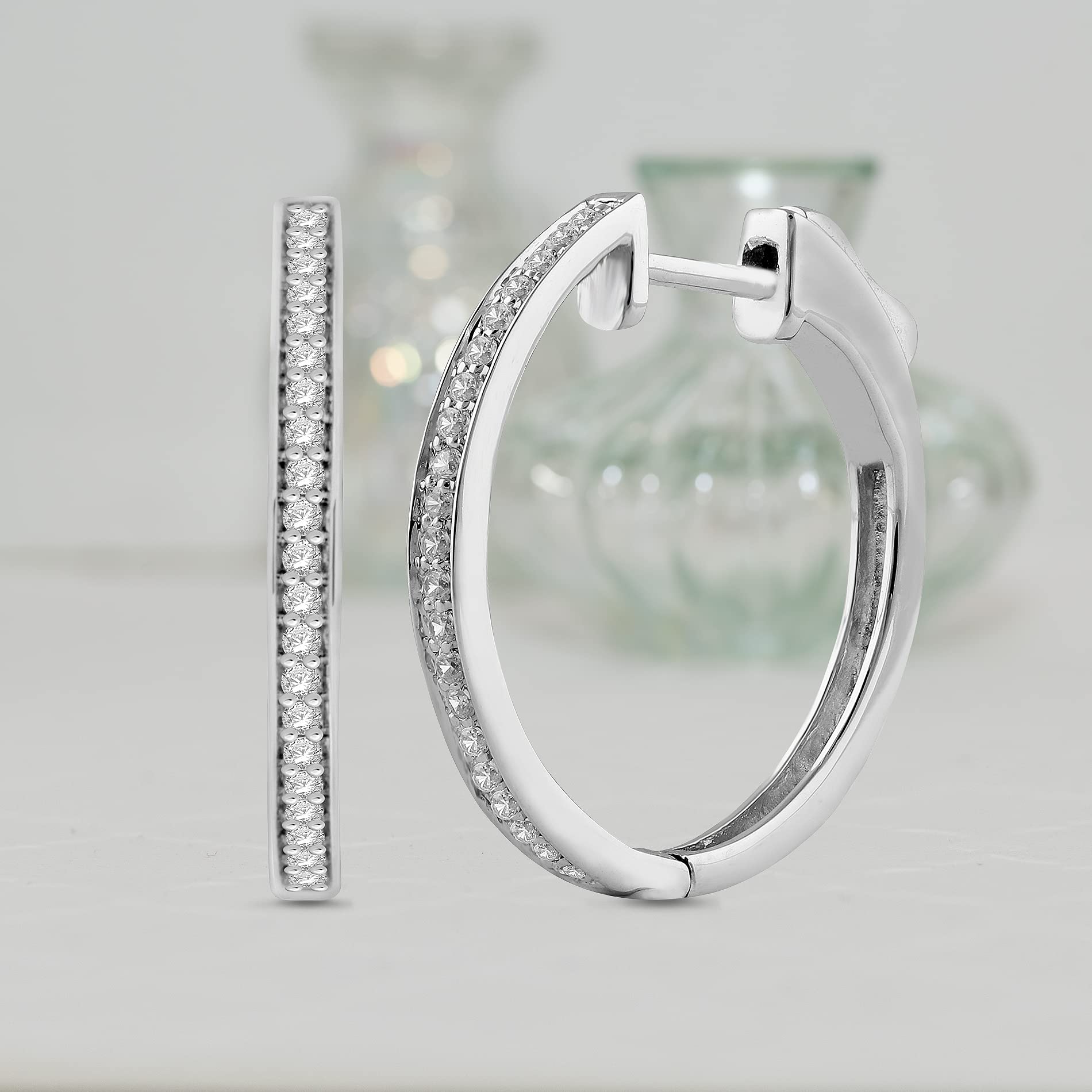 NATALIA DRAKE Small Push Button Clasp 1/4 Cttw Diamond Hoop Earrings for Women in Rhodium Plated 925 Sterling Silver